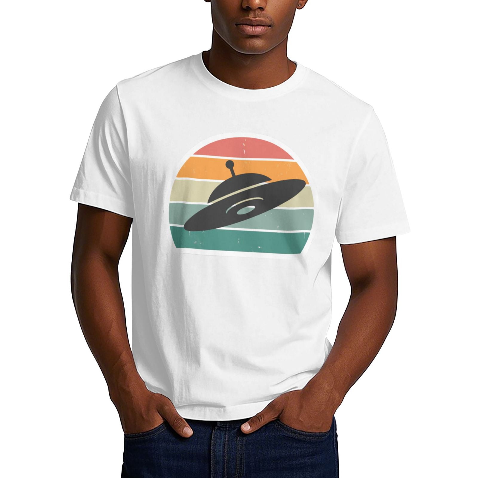 Aliens Space Flying Ufo Man And Woman Adult Polyester Crew Neck T-Shirt ...