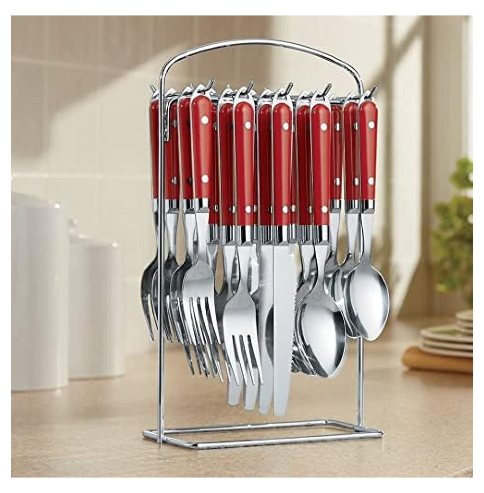 Alieon 20-Piece Hanging Flatware Set with Rack, Red - Stainless Steel ...