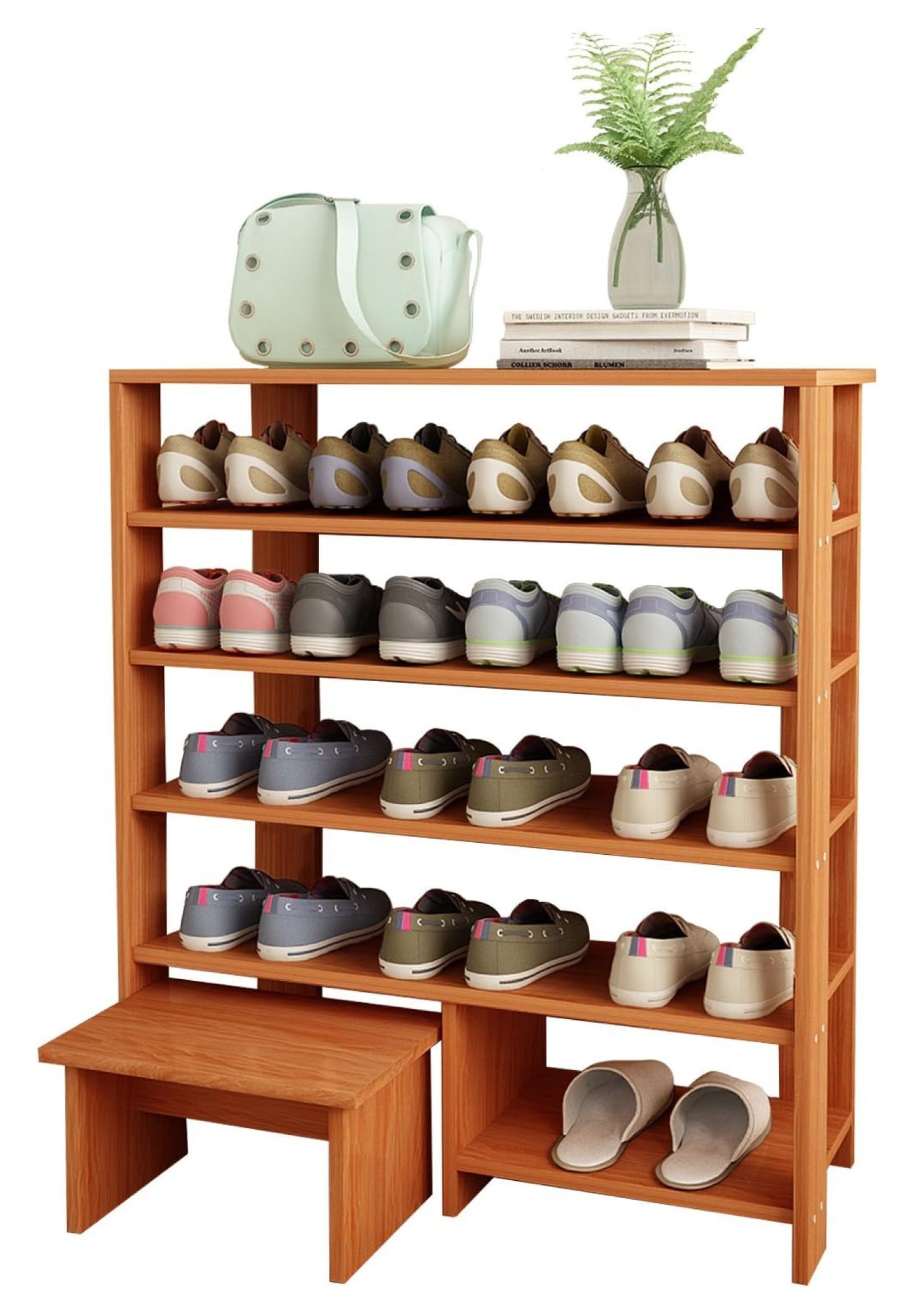 Alieon - 5 Tier Wood MDF Solid Shelf Shoe Rack With One Footstool/Shoe ...
