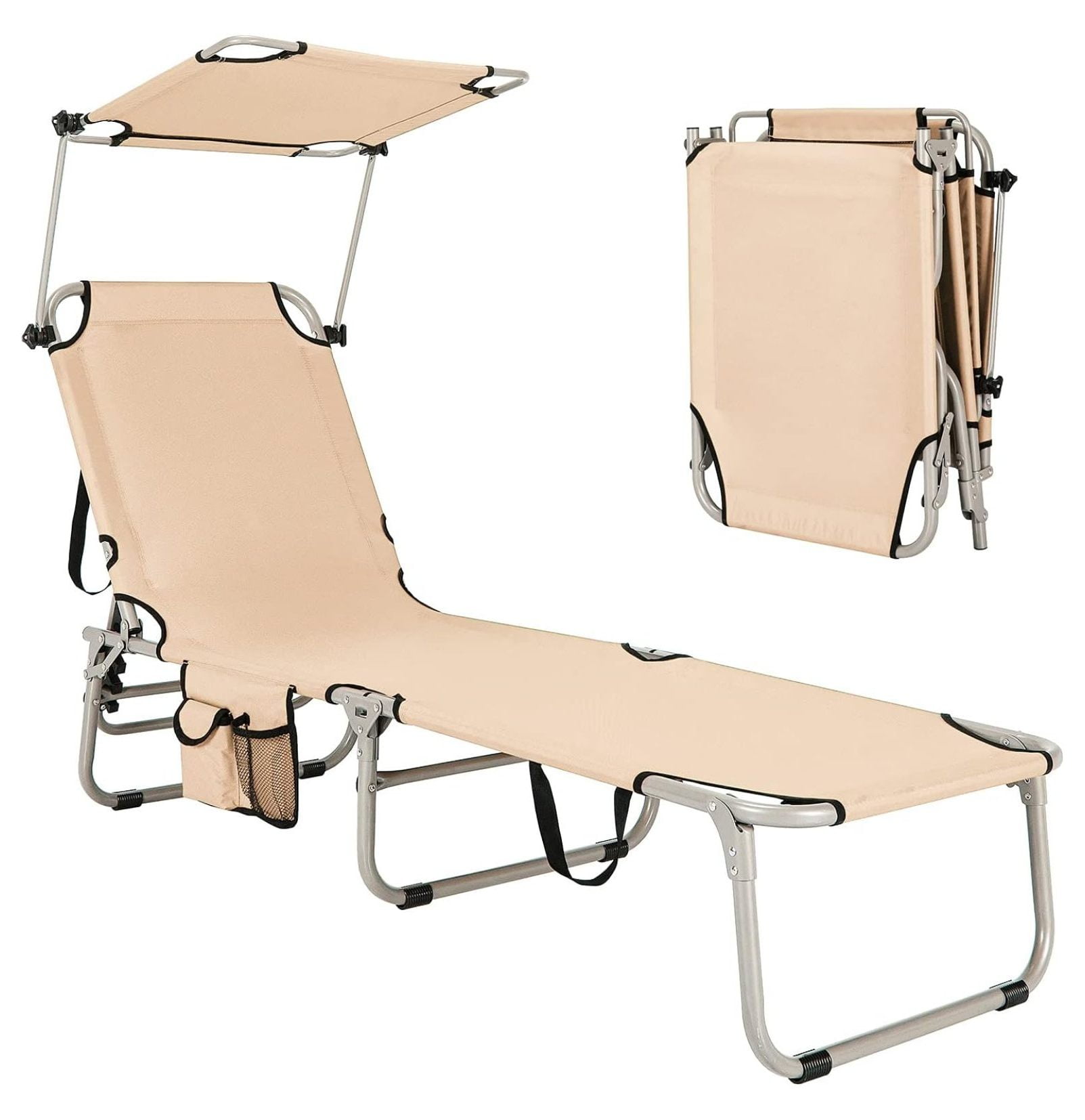 Alieon Beach Chair with Canopy Shade, Folding Tanning Lounge with ...