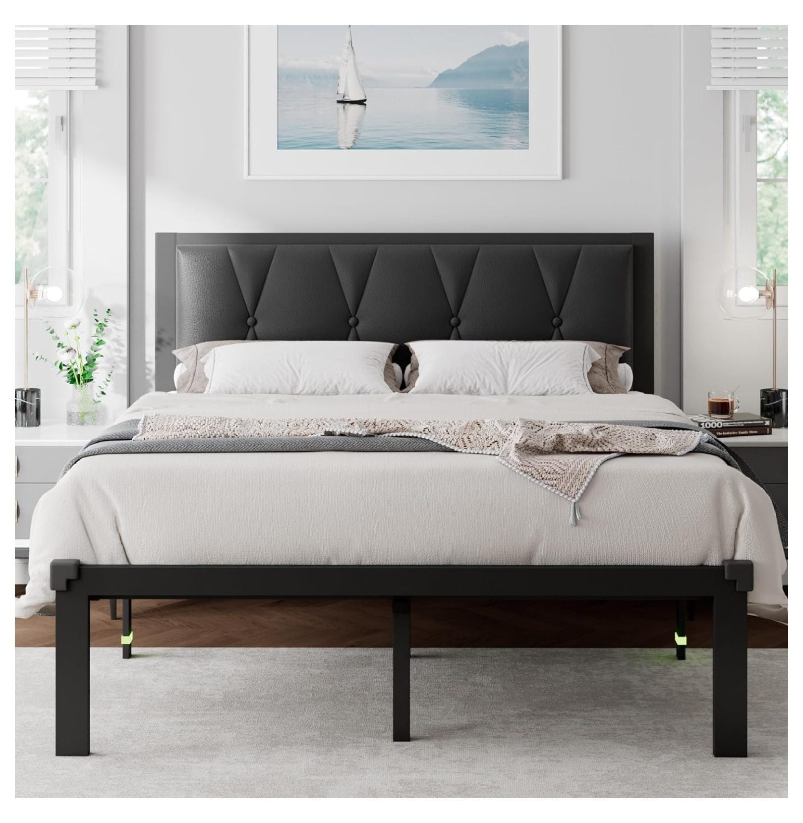 Alieon Full Size Metal Bed Frame with Faux Leather Button Tufted ...