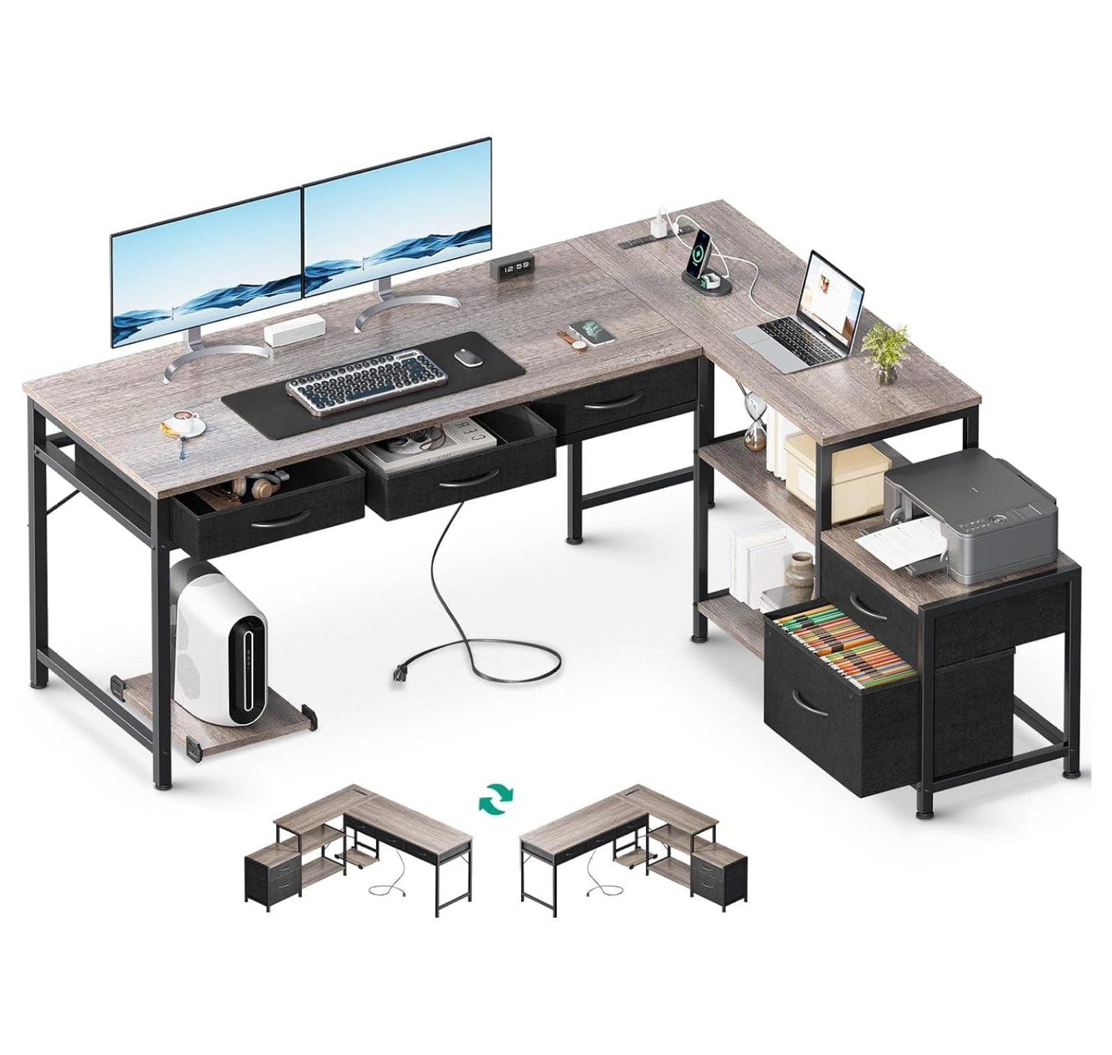 Alieon L Shaped Computer Desk with Fabric Drawers and File Cabinet, 61 ...