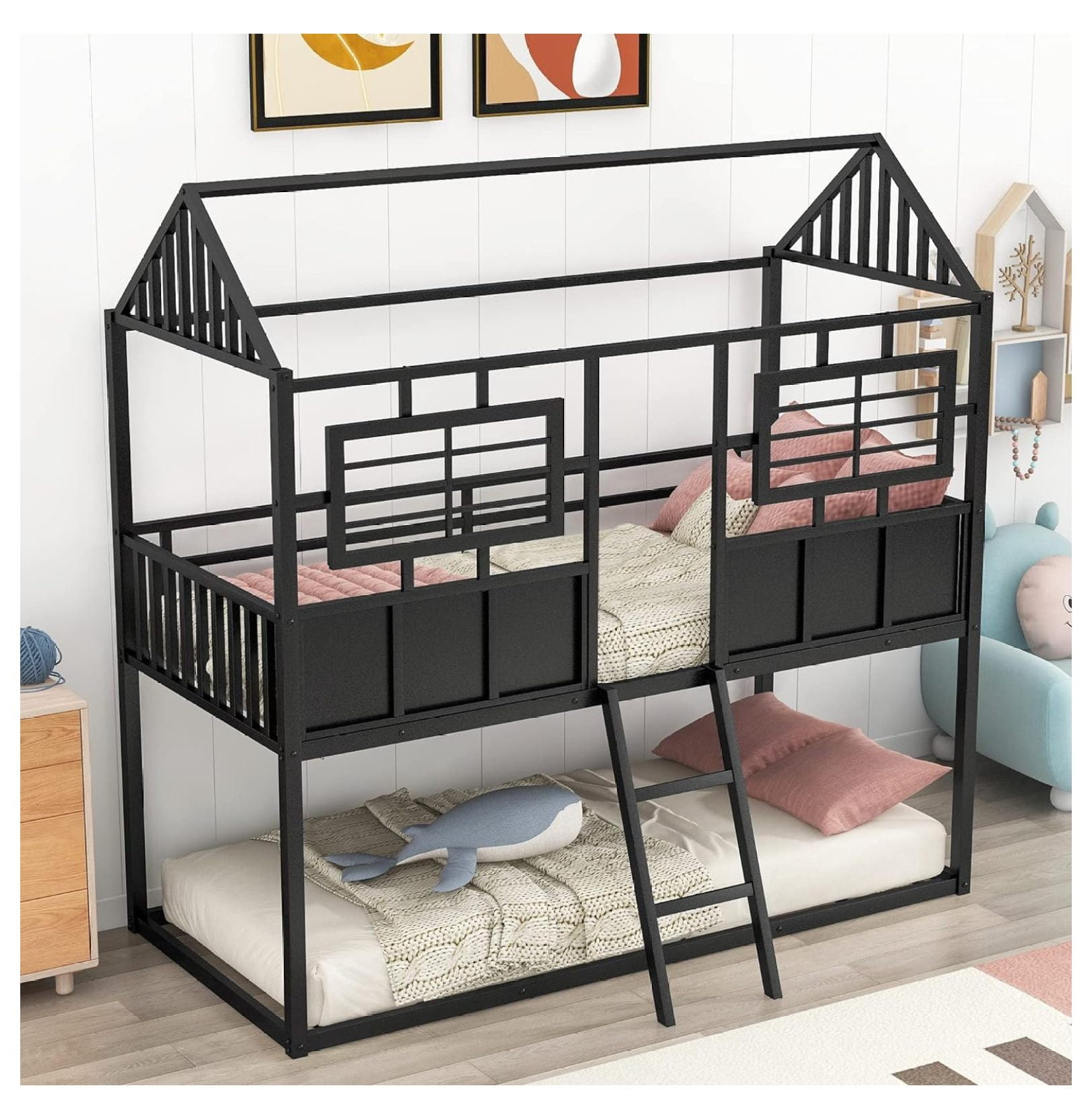 Alieon Over Size Metal Low Bunk House Bed with Roof, Two Front Windows ...