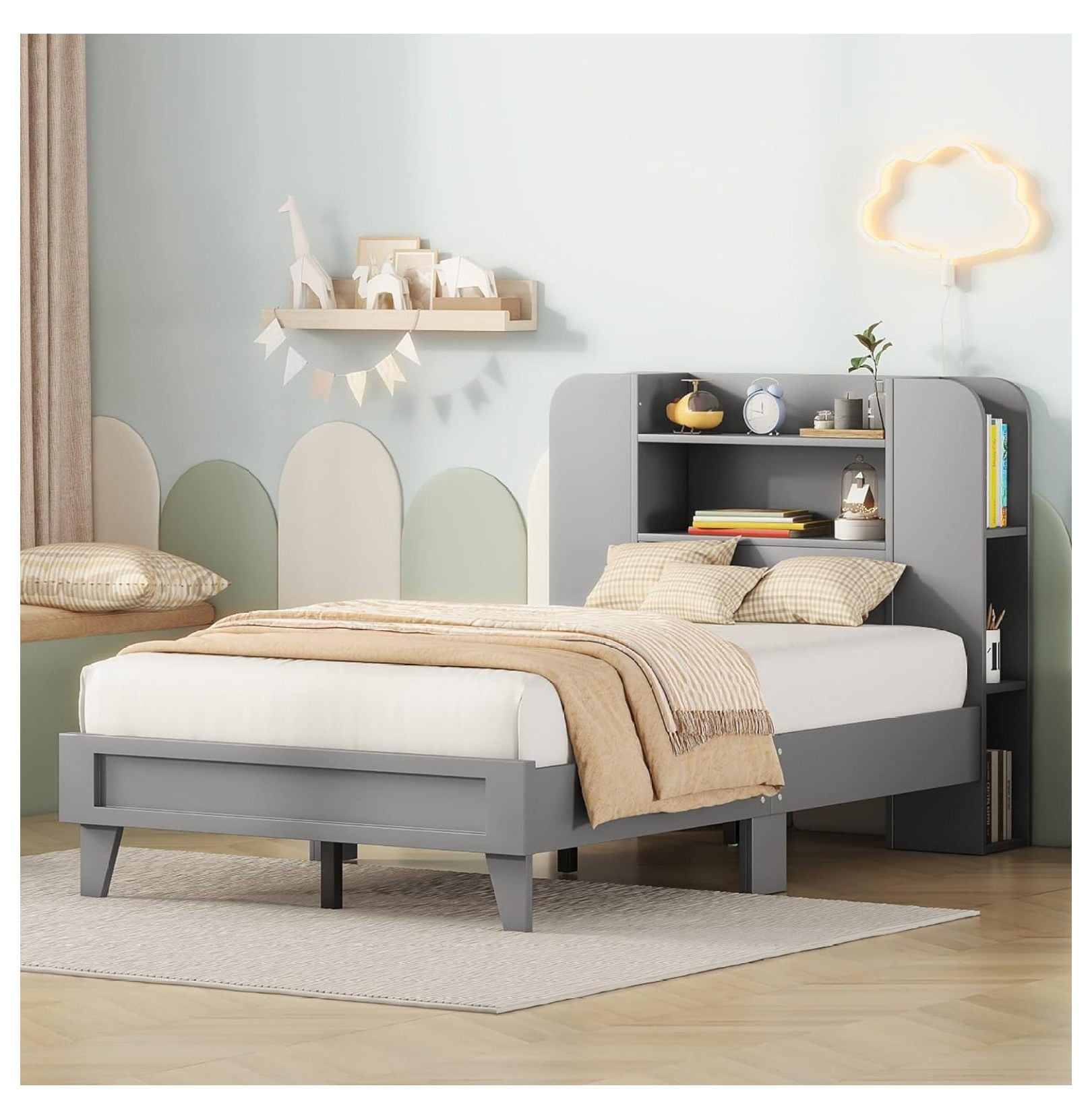 Alieon Size Platform Bed with Storage Headboard, Kids Wood Bed Frame ...