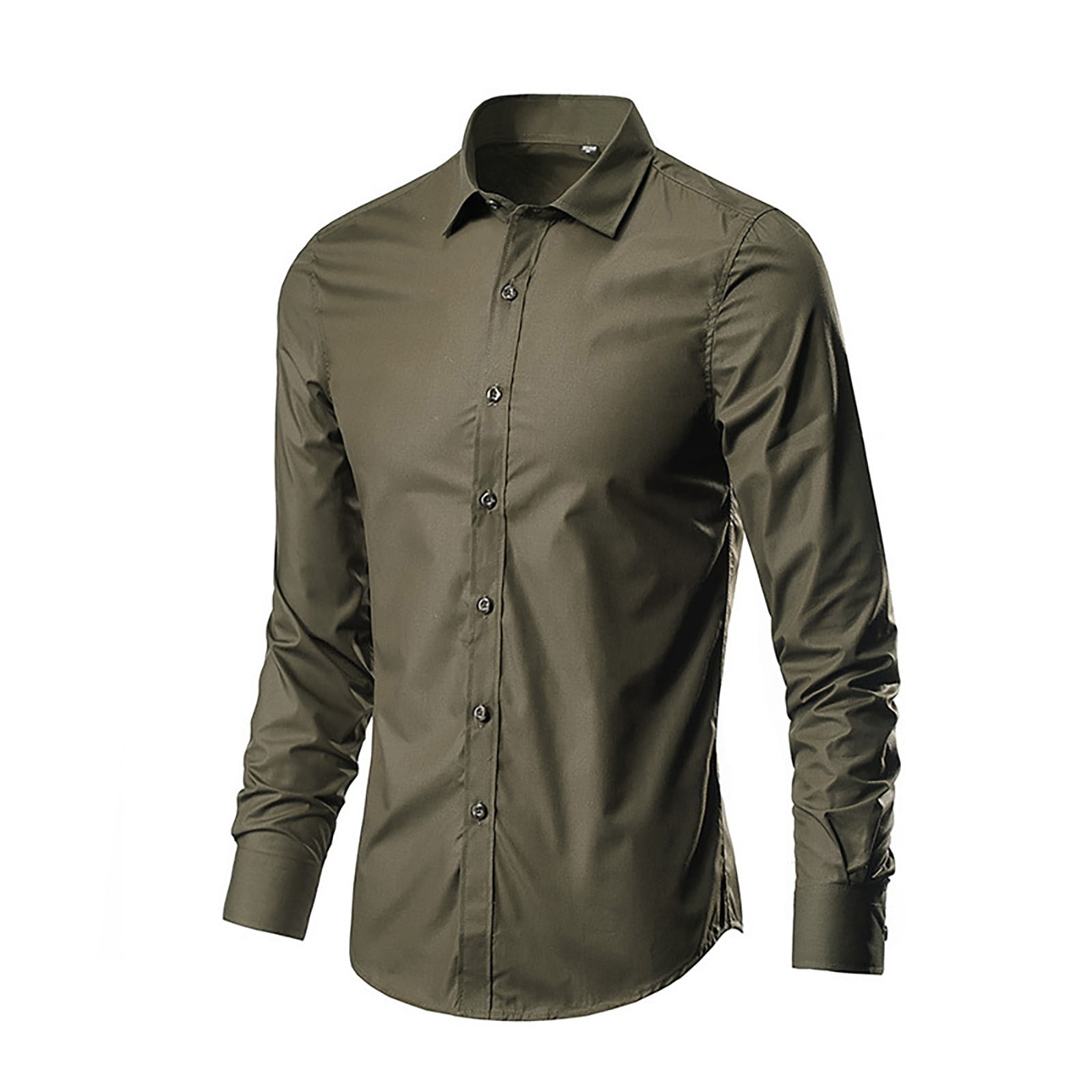 Aligament Mens Long Sleeve Lapel Plus Size Army Green Solid Color Polyester Dress Shirts ...