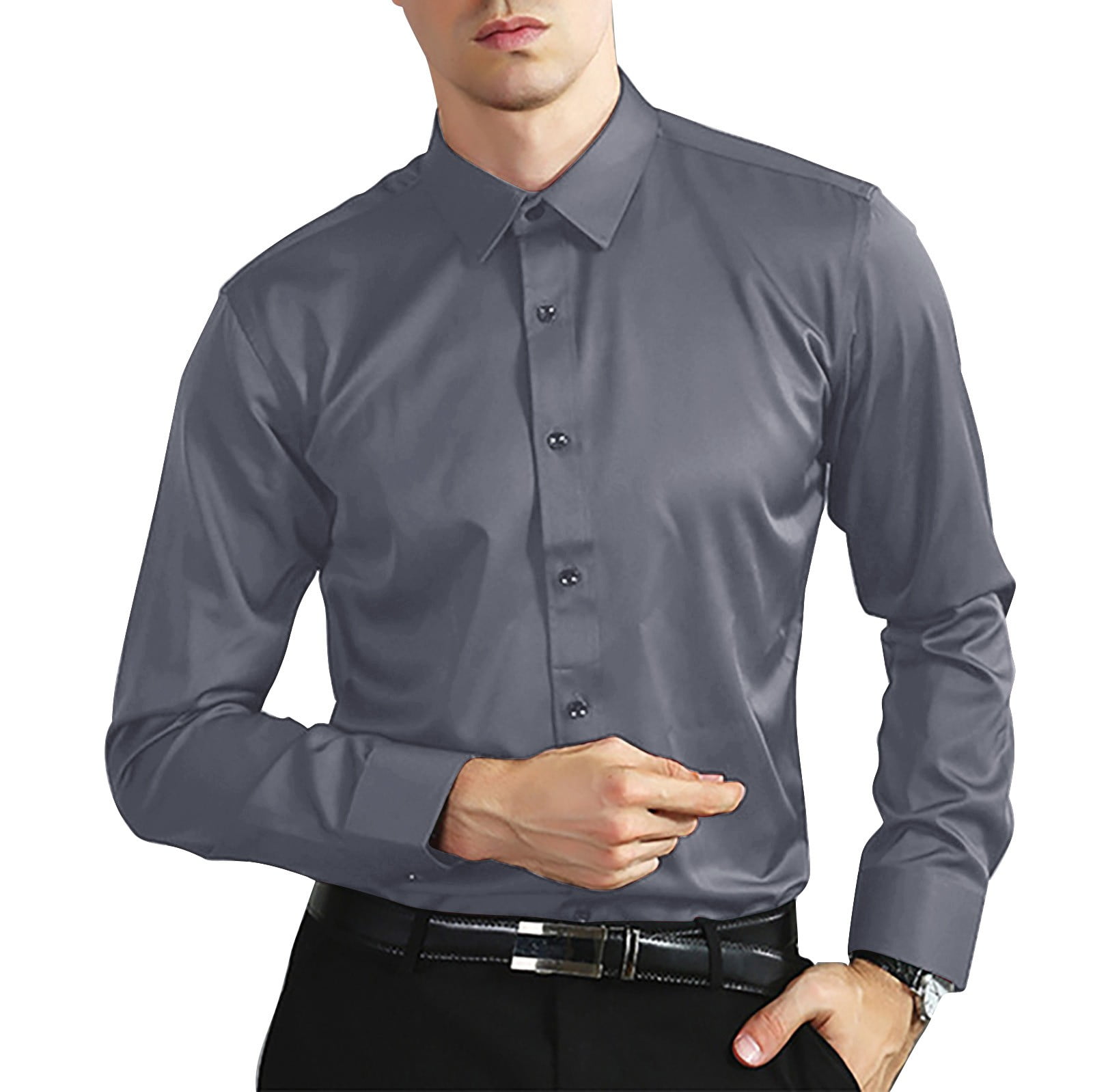 Aligament Mens Long Sleeve Lapel Plus Size Grey Solid Color Polyester Dress Shirts , Non Ironing ...