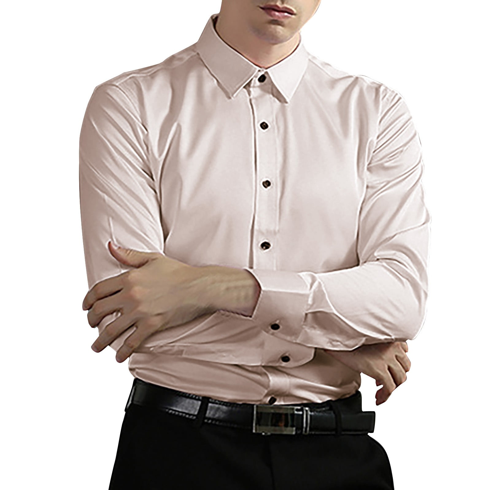 Aligament Mens Long Sleeve Lapel Plus Size Khaki Solid Color Polyester ...