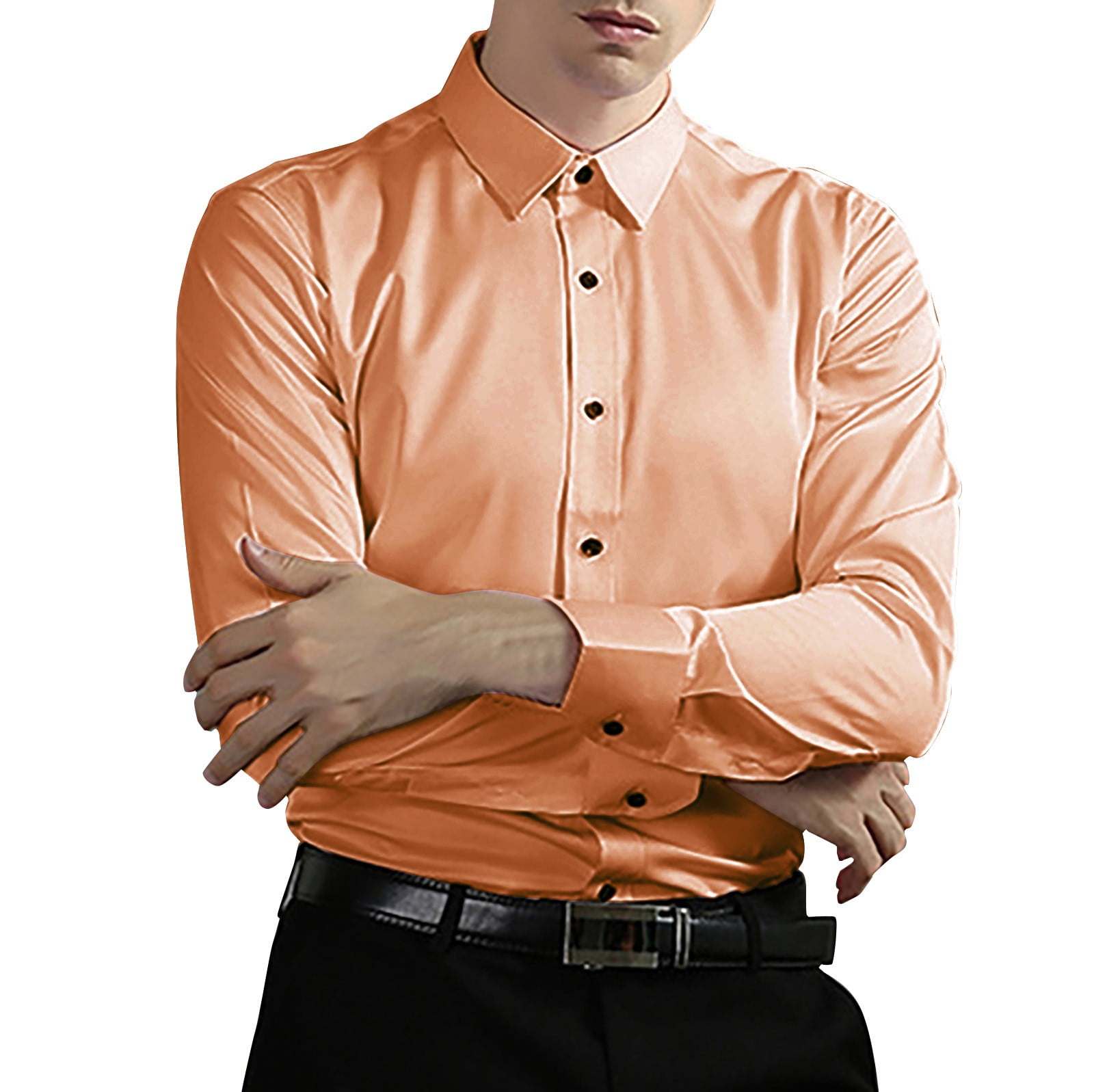 Aligament Mens Long Sleeve Lapel Plus Size Orange Solid Color Polyester Dress Shirts , Non ...