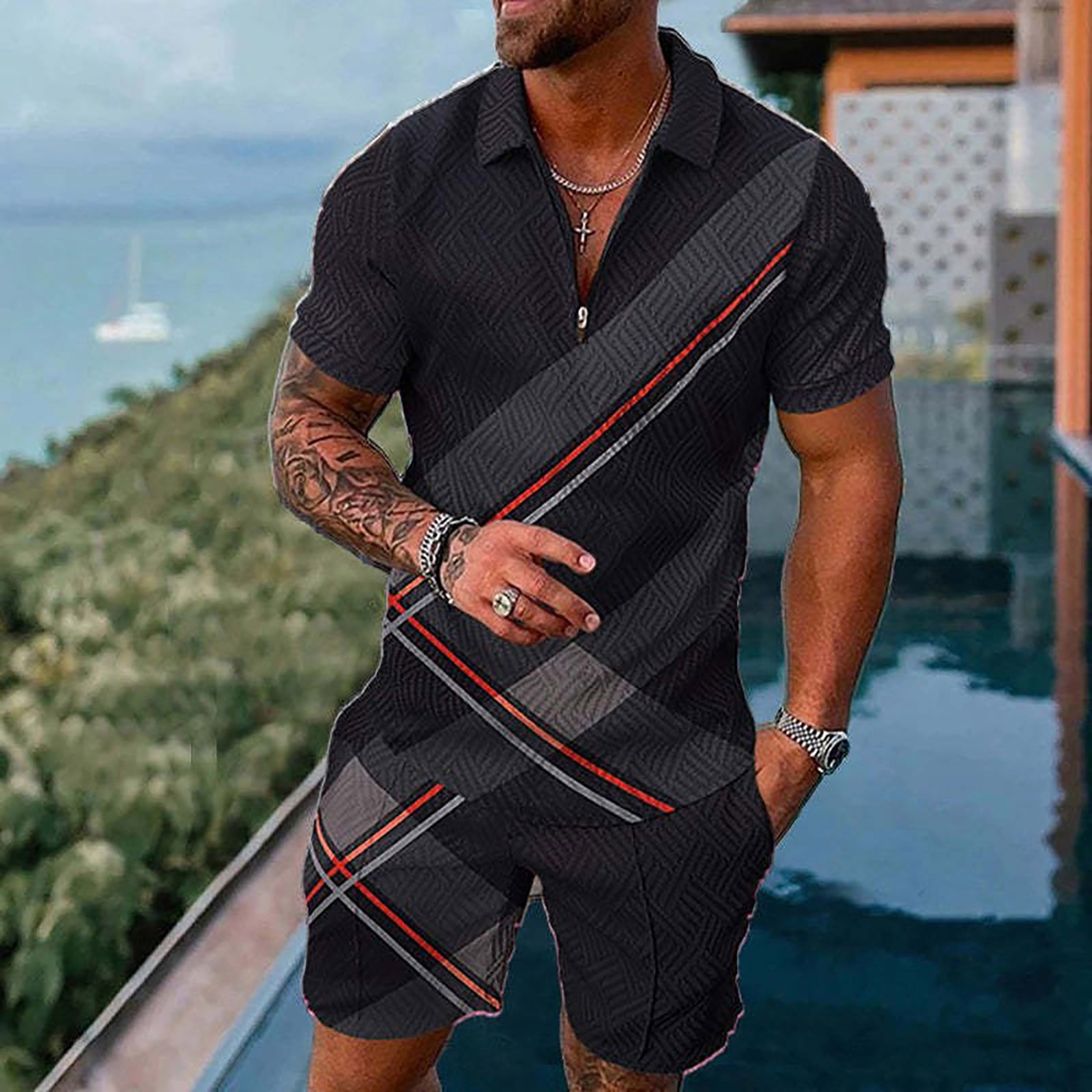 Aligament Mens Short Sleeve Lapel Casual Two Piece Set Summer Polyester ...