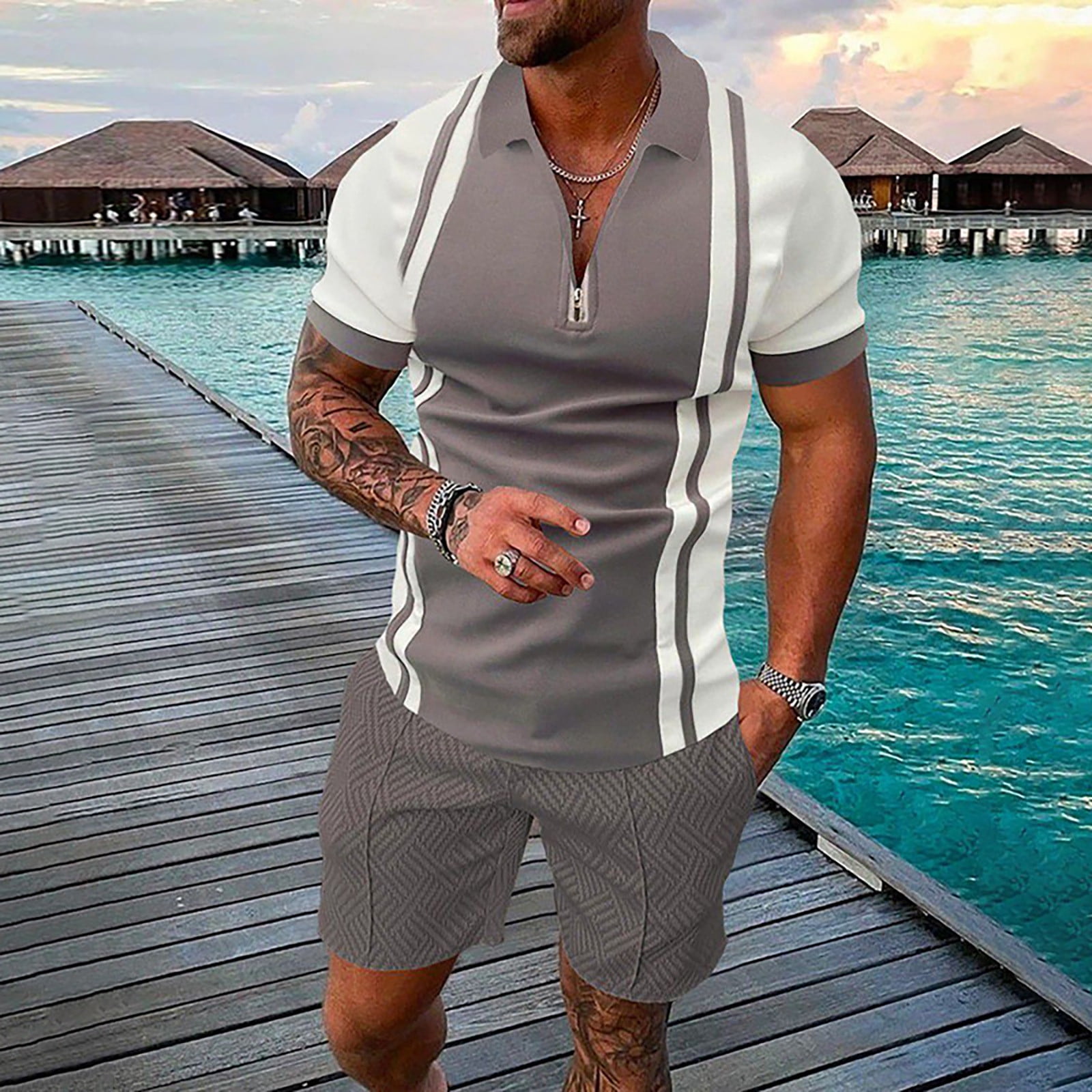 Aligament Mens Short Sleeve Polo Collar Casual Two Piece Set Summer ...