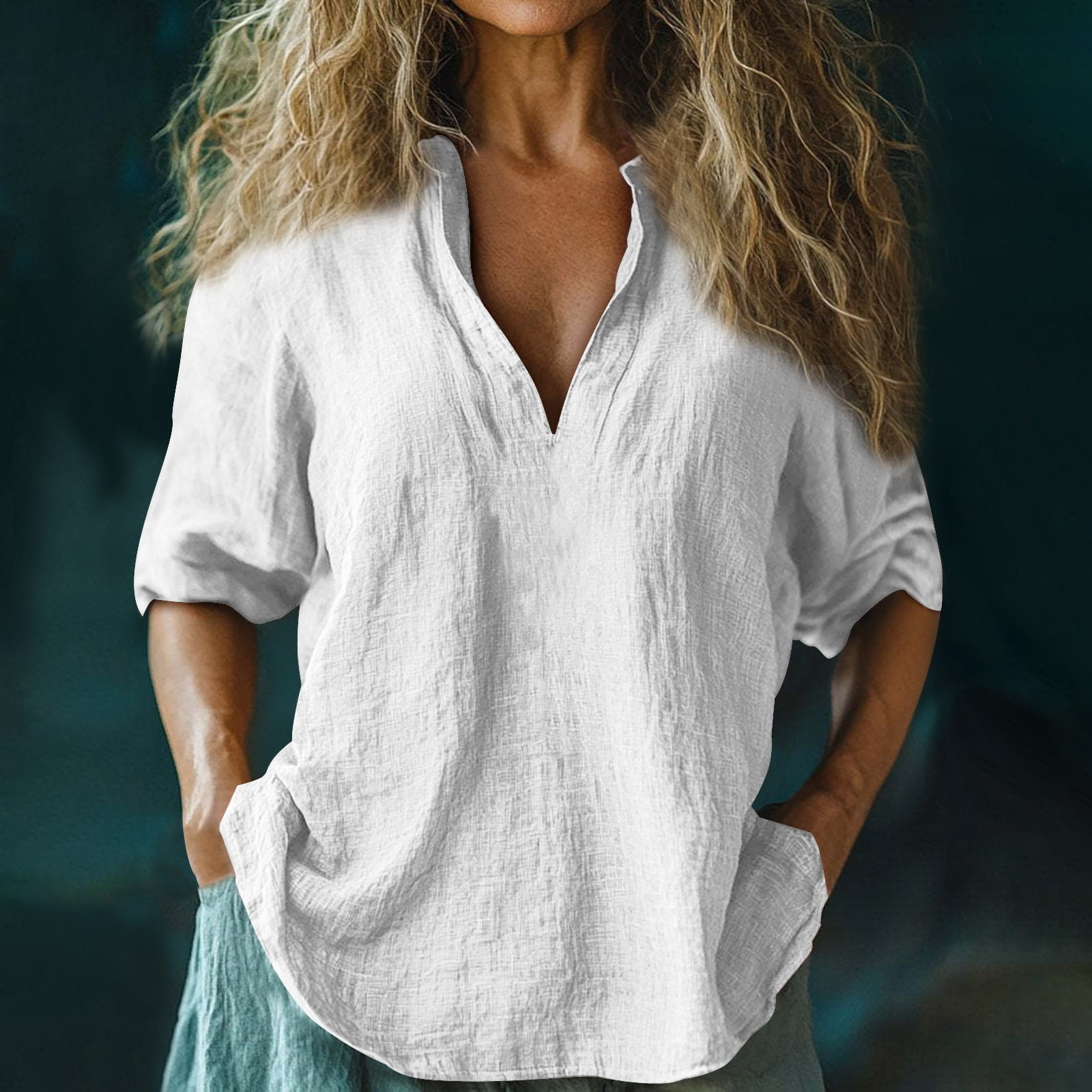 Aligament White V Neck T Shirts for Women Baggy Cotton Linen Tops ...