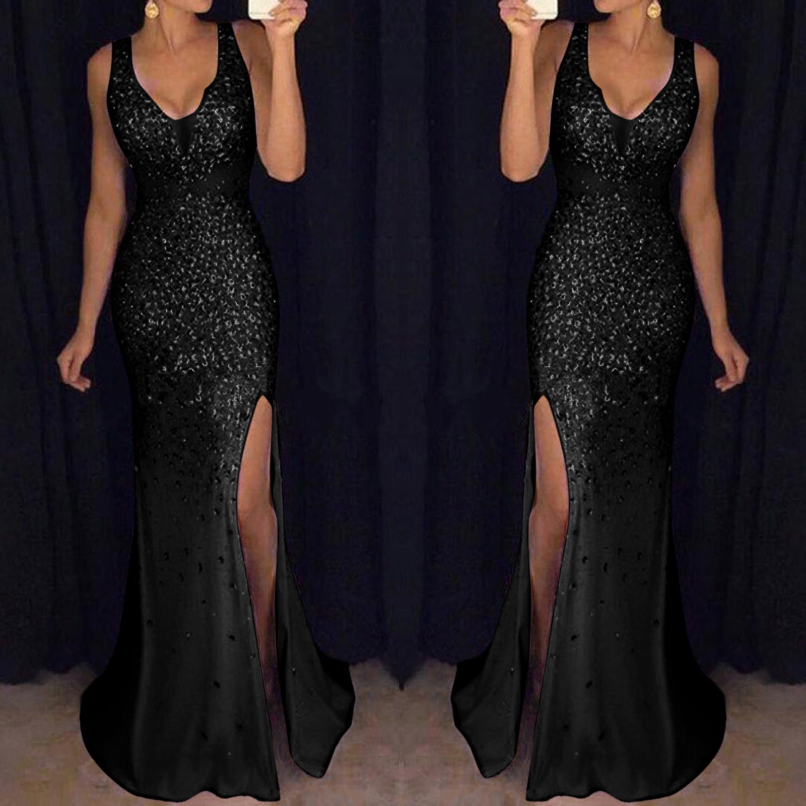 Aligament Women Sequin Dress Solid Prom Party Ball Gown Dress Gold Evening Bridesmaid Skirts V ...