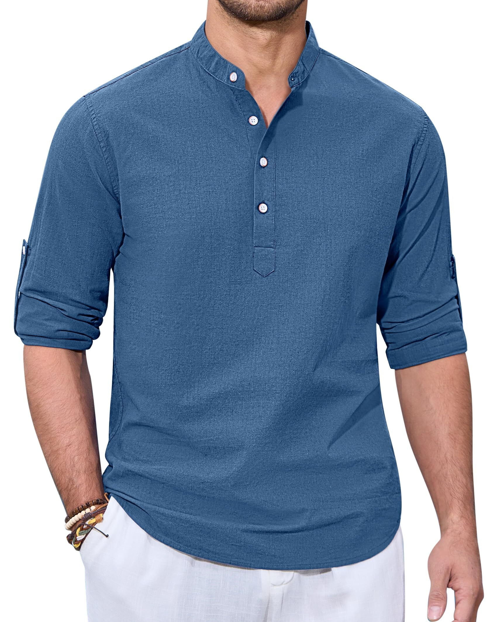 Alimens & Gentle Men's Cotton Linen Henley Shirts Long Sleeve Casual ...