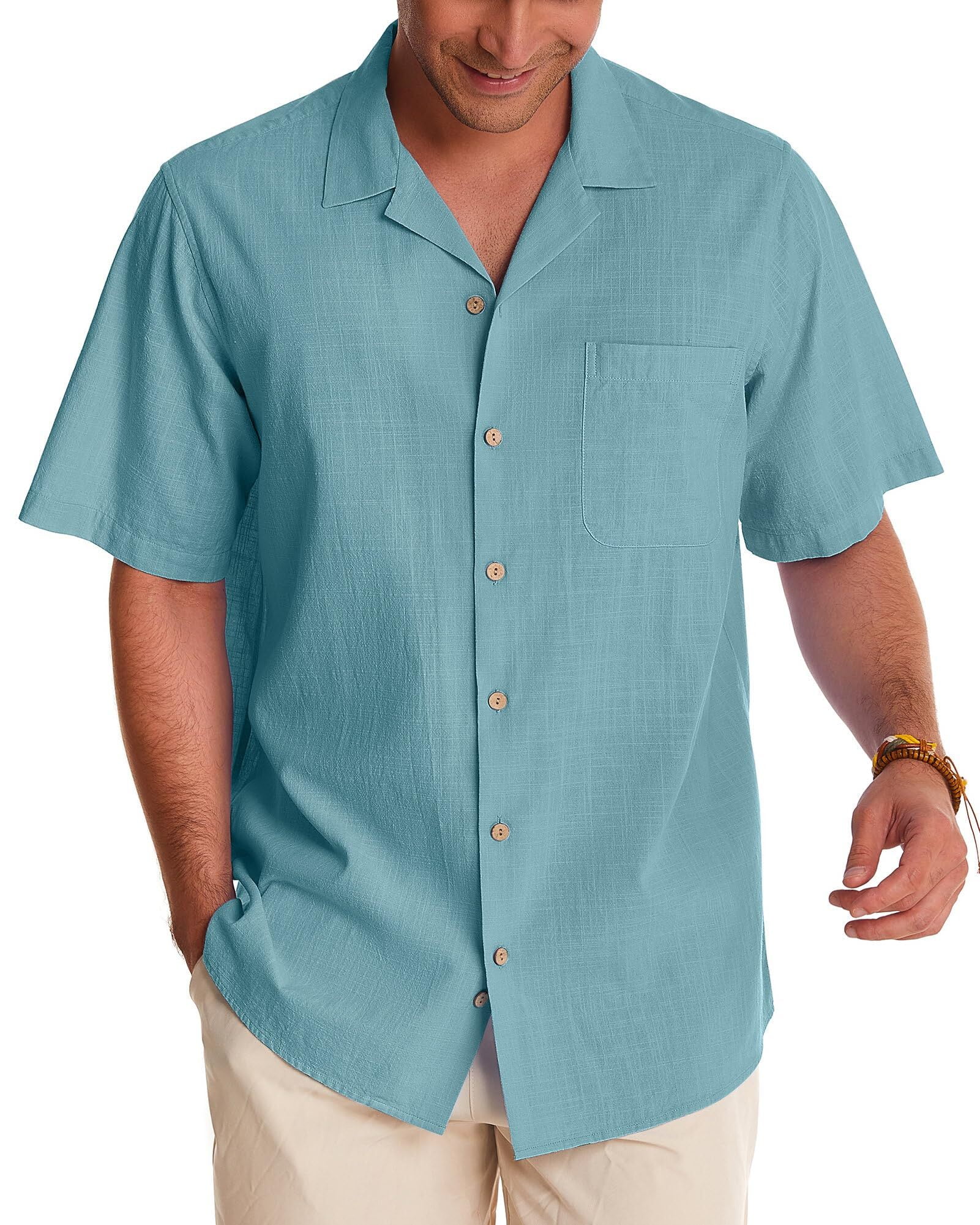 Alimens & Gentle Men's Short Sleeve Linen-Cotton Blend Hawaiian Shirt ...