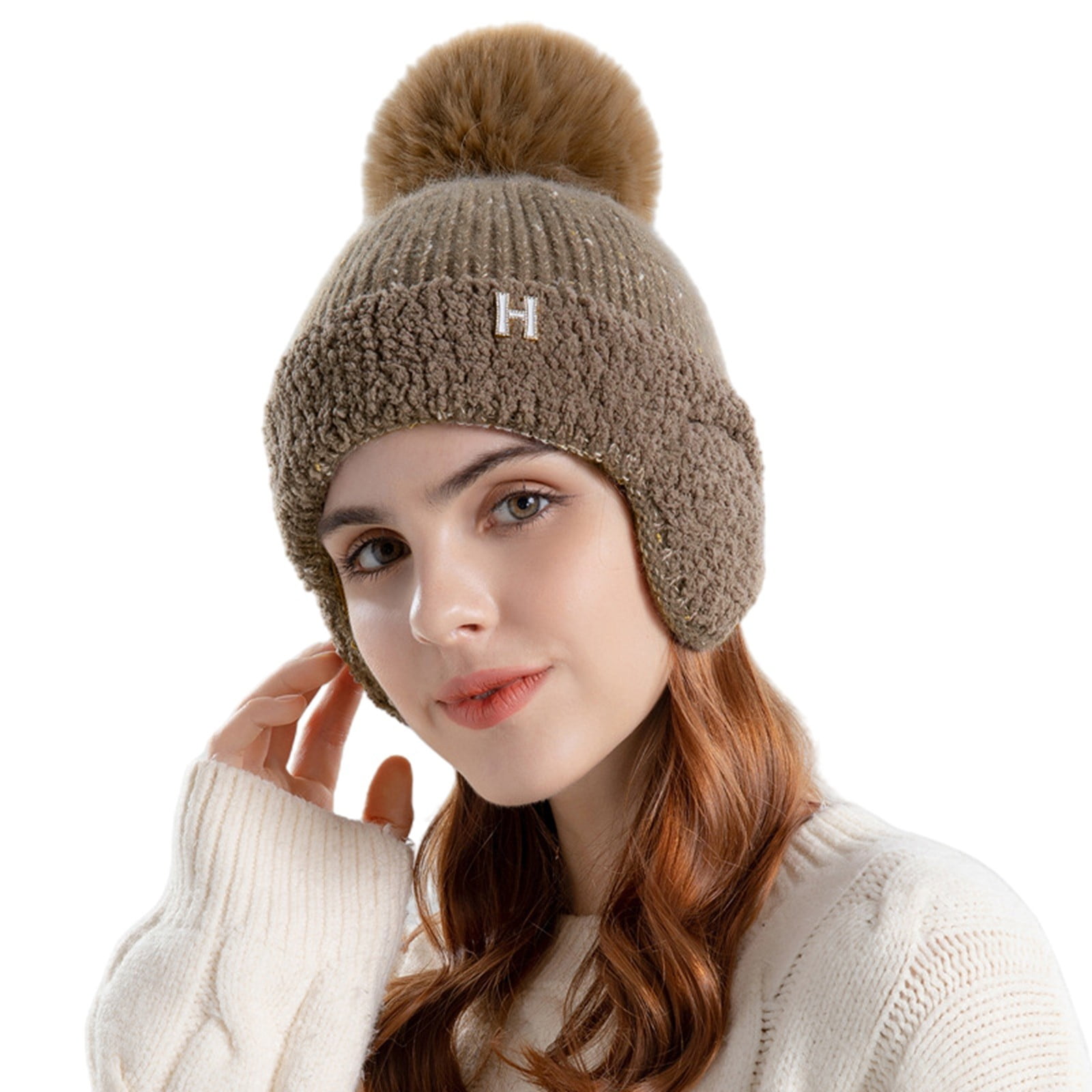 Alinwnia Thick Knitted Unisex Winter Hat Cap Women's Winter Fleece Ear ...