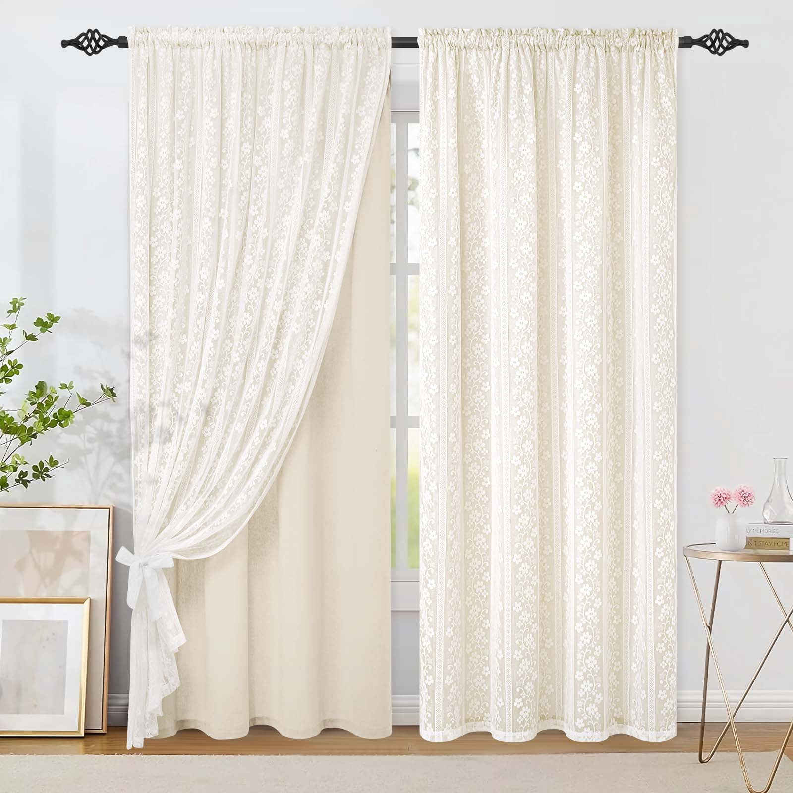 Alishomtll Beige Linen Curtains with Lace Sheer 63 Inches Long, Double ...