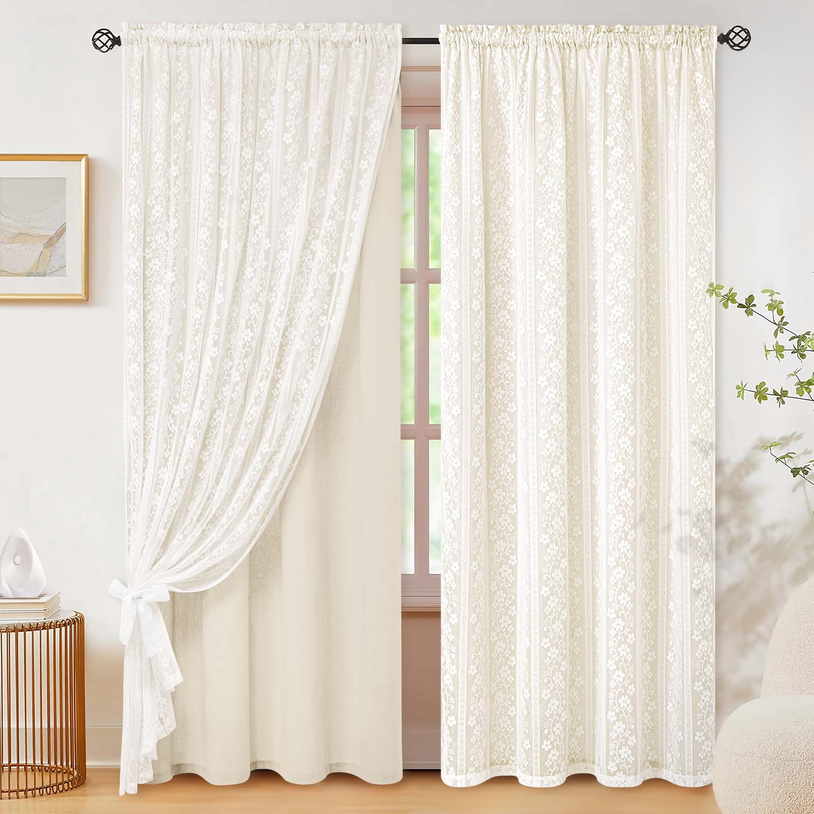 Alishomtll Beige Linen Curtains with Lace Sheer 84 Inches Long, Double ...