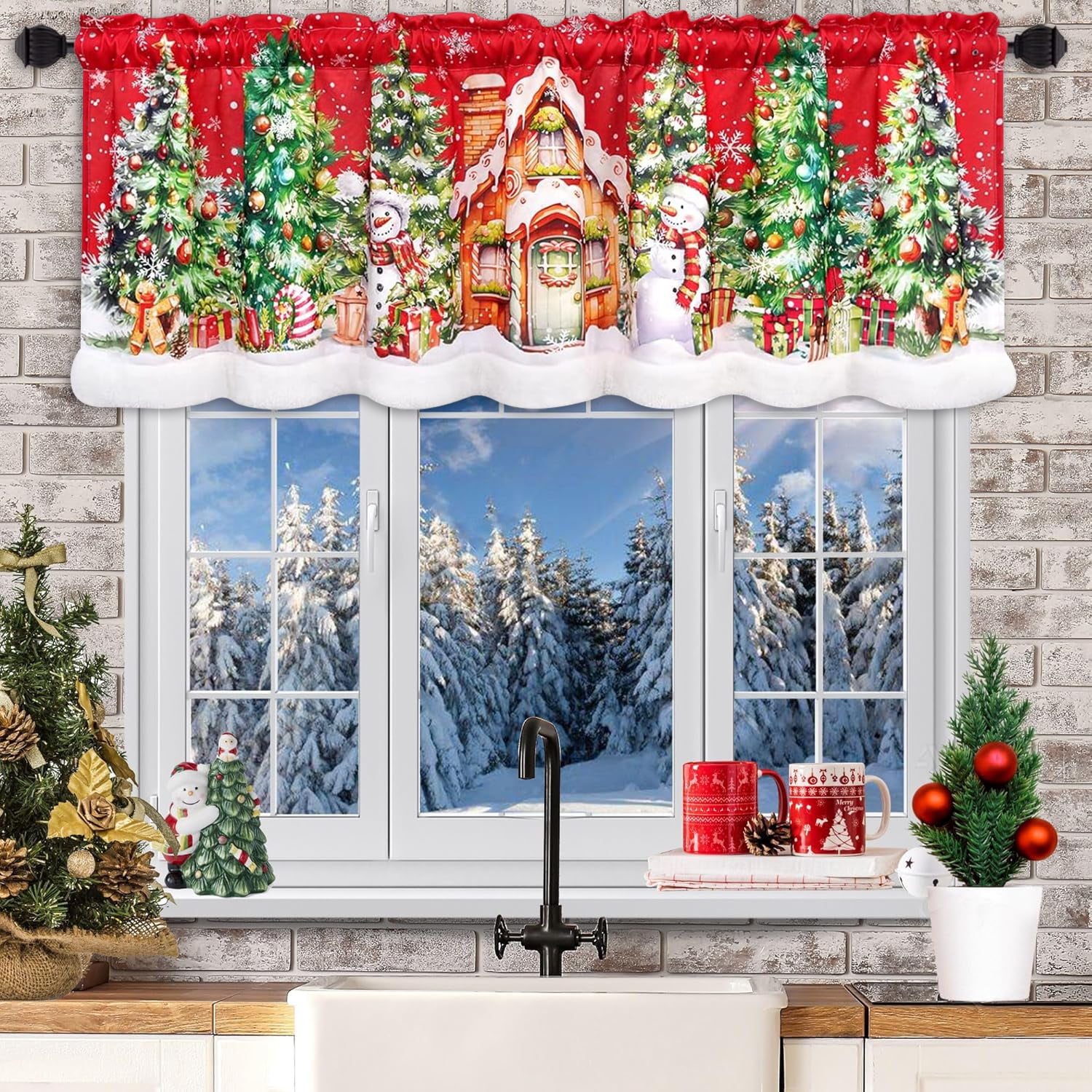 Alishomtll Christmas Tree Valance Curtains for Kitchen Snowflake ...
