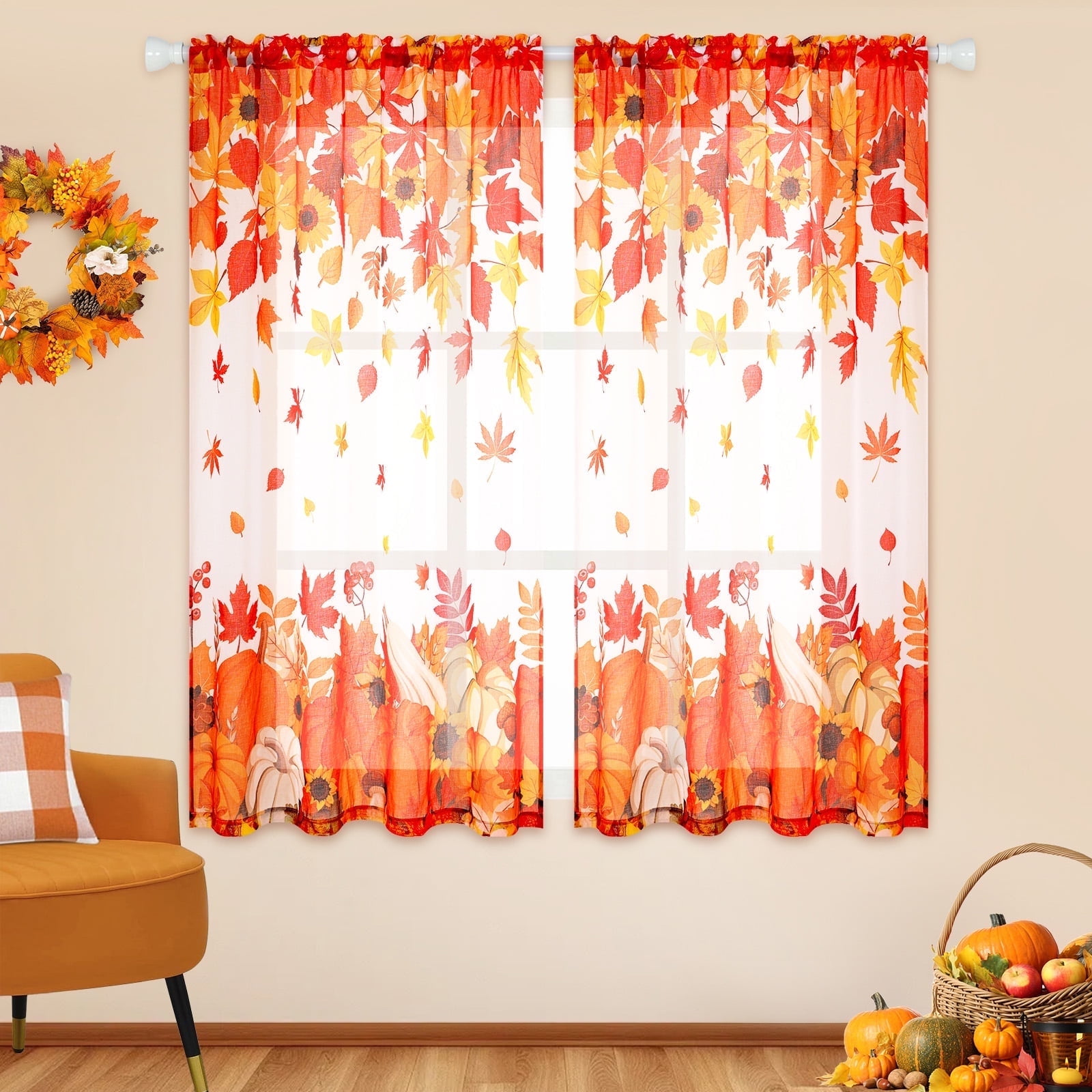 Alishomtll Fall Curtains Autumn Thanksgiving Pumpkin Falling Maple ...