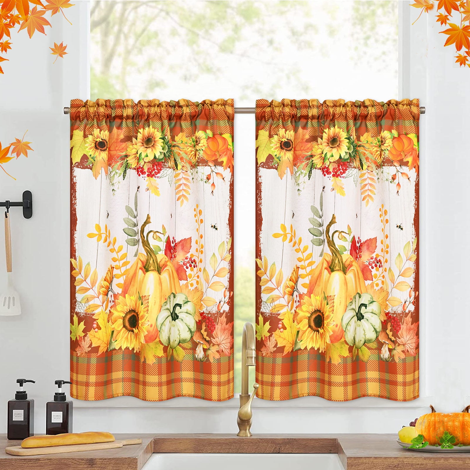 Alishomtll Fall Thanksgiving Kitchen Curtains Sunflower Pumpkins Print ...