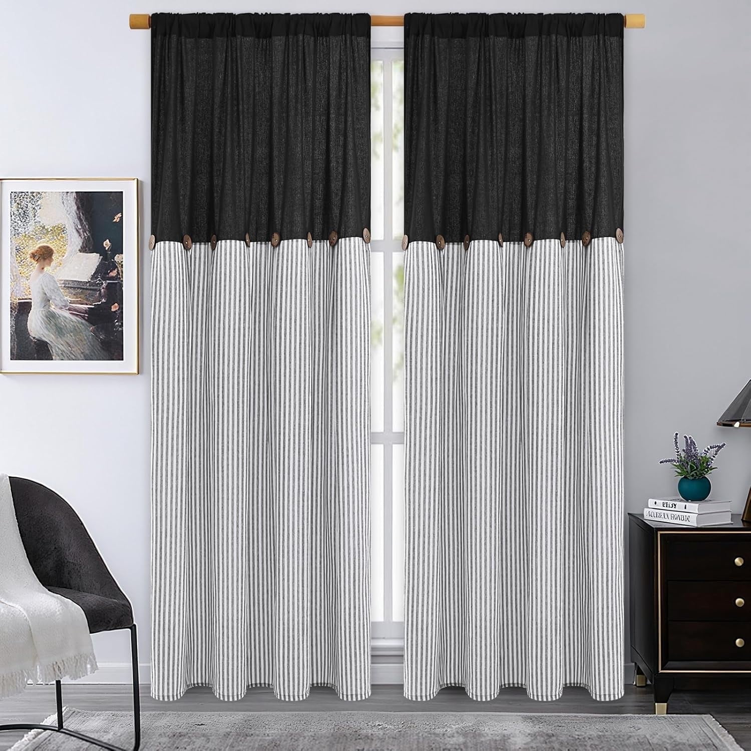Alishomtll Farmhouse Curtains Black Stripe Cotton Linen Button Boho ...