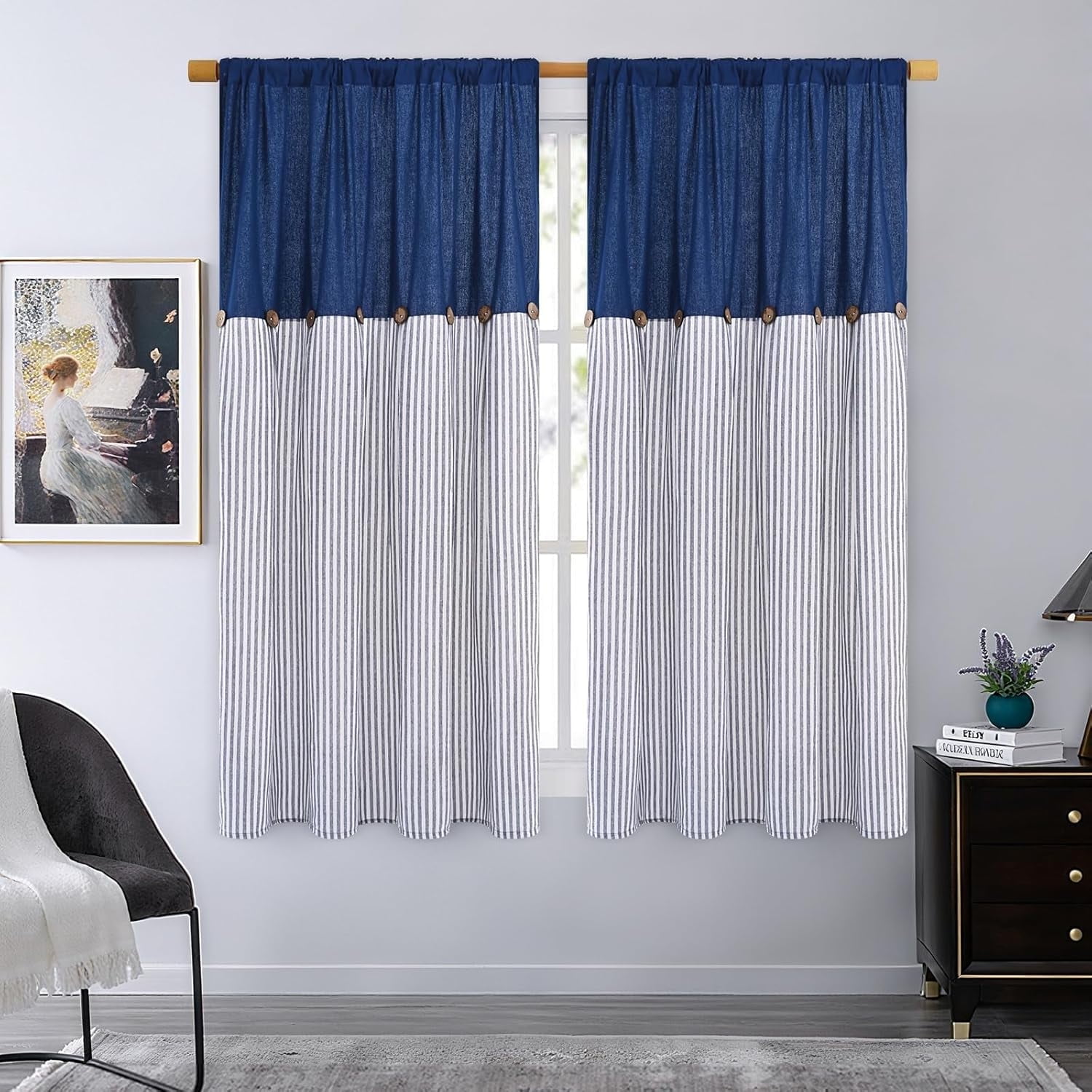 Alishomtll Farmhouse Curtains Blue Stripe Cotton Linen Button Boho ...