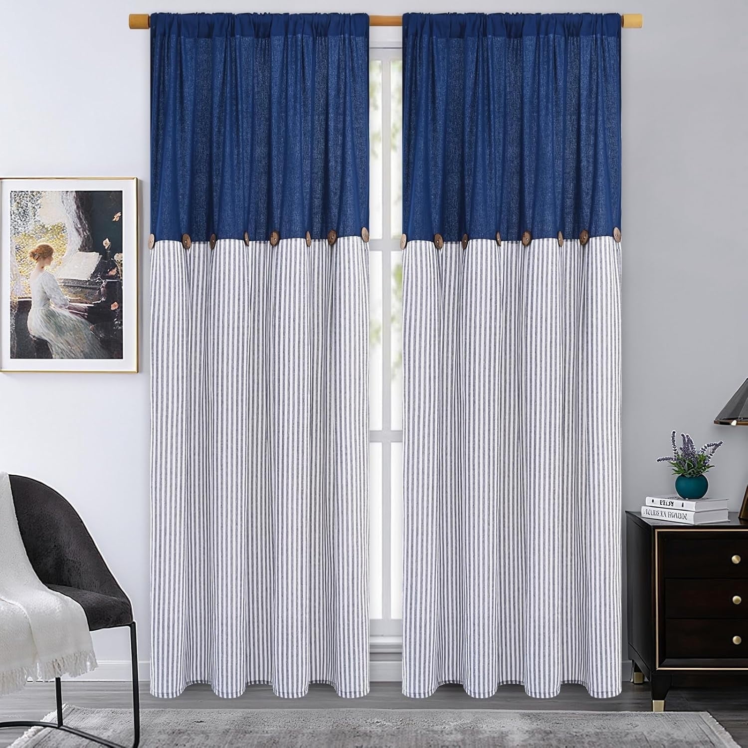 Alishomtll Farmhouse Curtains Blue Stripe Cotton Linen Button Boho ...