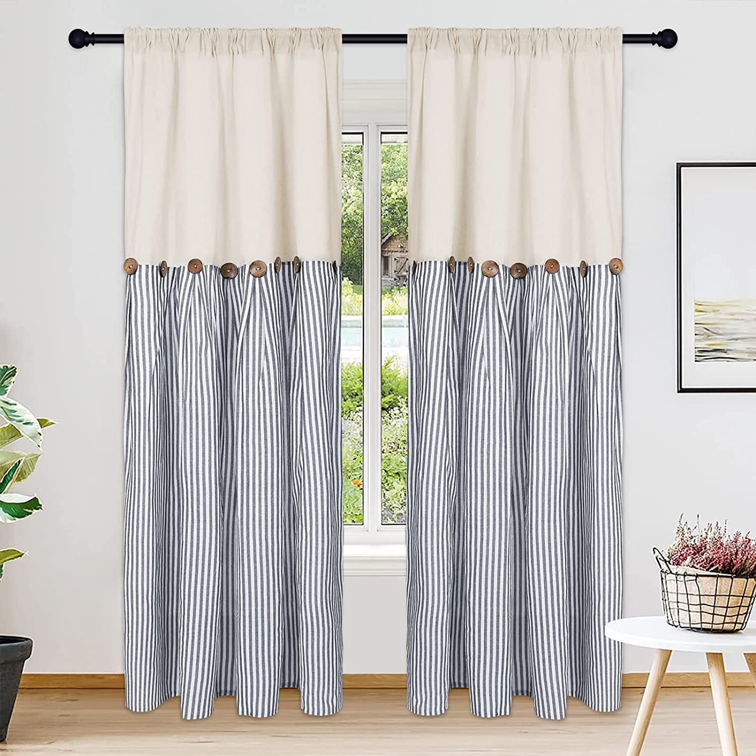 Alishomtll 52x84'' Farmhouse Curtains, Blue Stripe Cotton Linen, Boho ...
