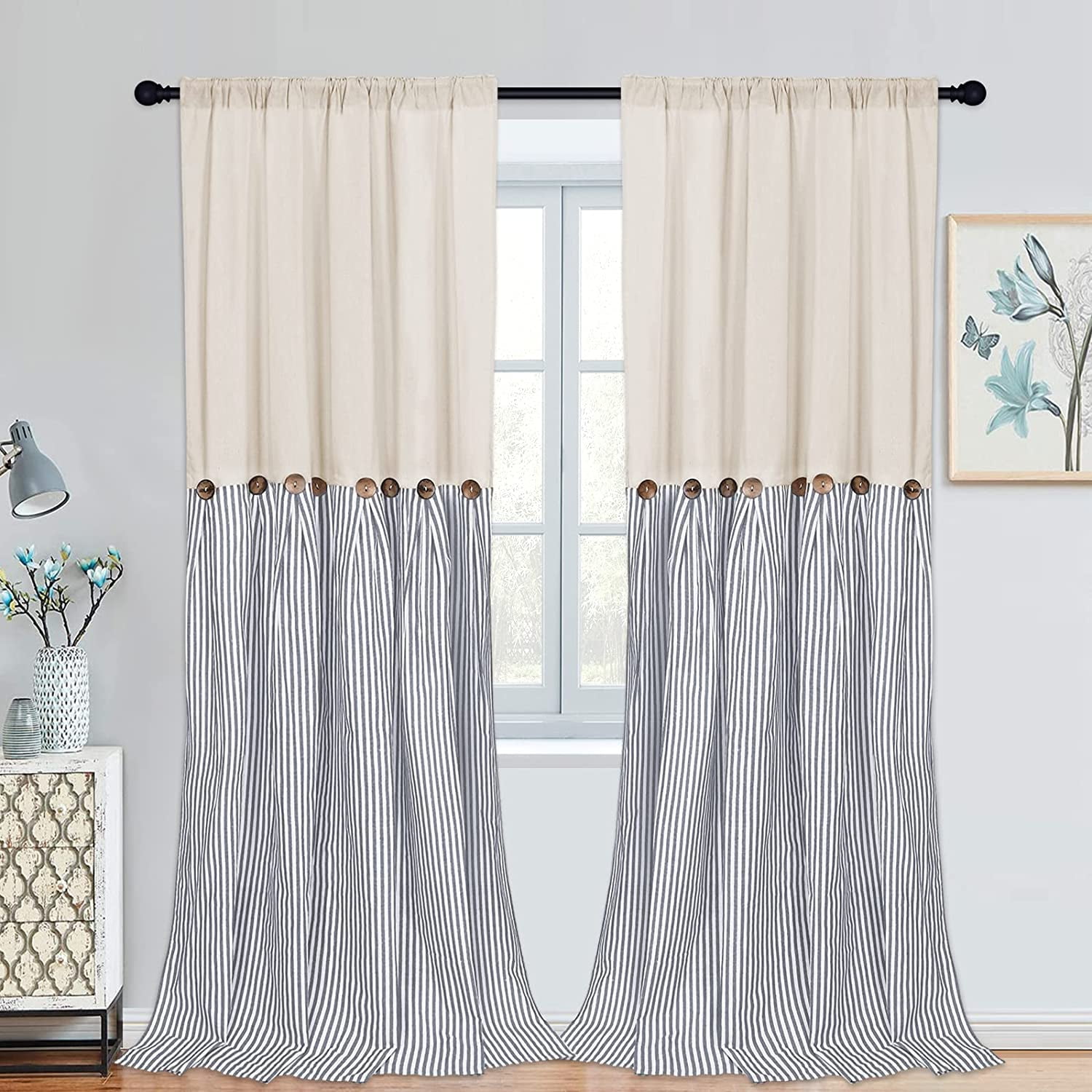 Alishomtll Farmhouse Curtains, Blue Stripe Cotton Linen, Boho Rustic ...