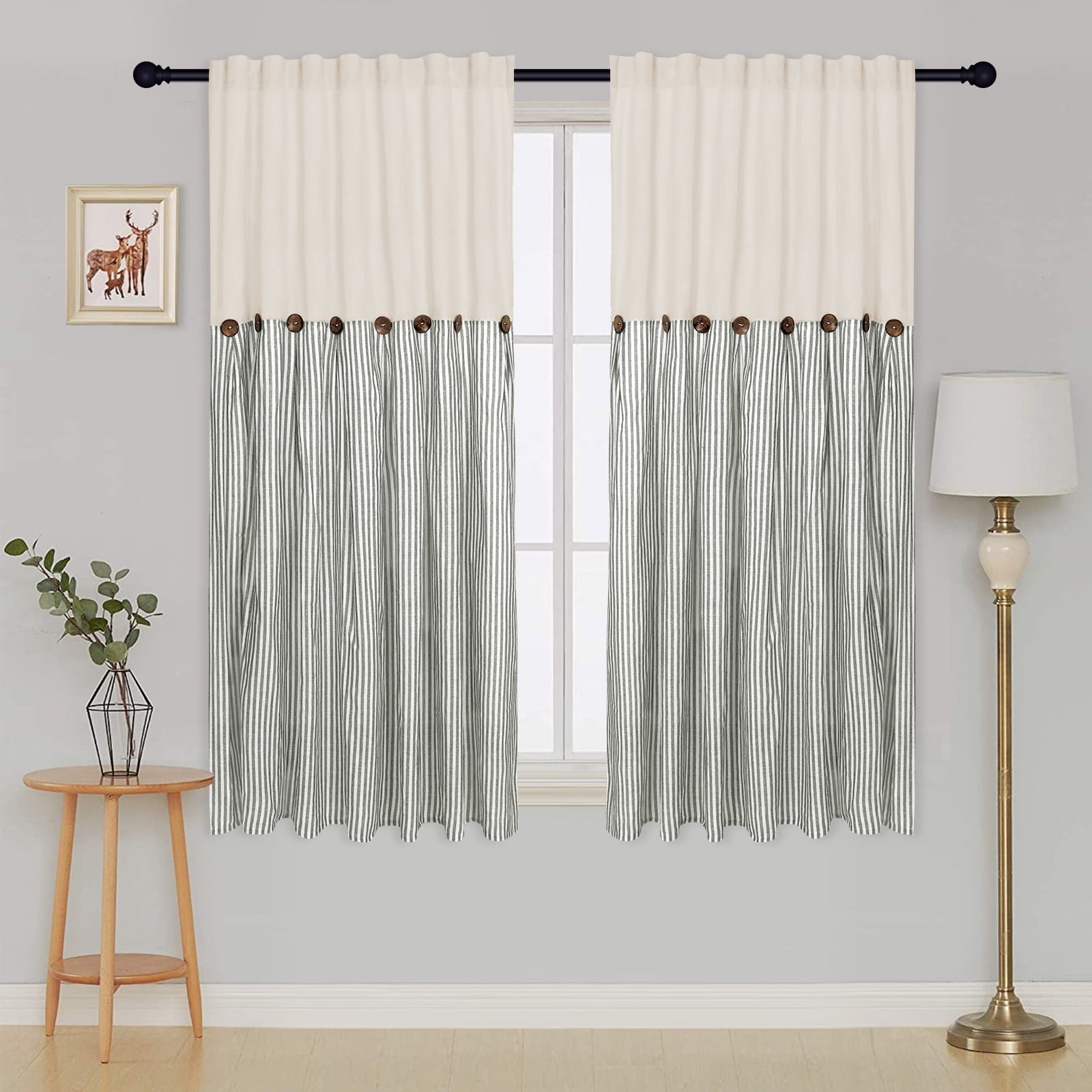 Alishomtll Farmhouse Curtains Sage Green Stripe Cotton Linen Button ...