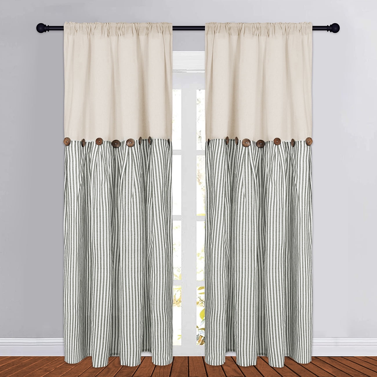 Alishomtll Farmhouse Curtains Sage Green Stripe Cotton Linen Button ...