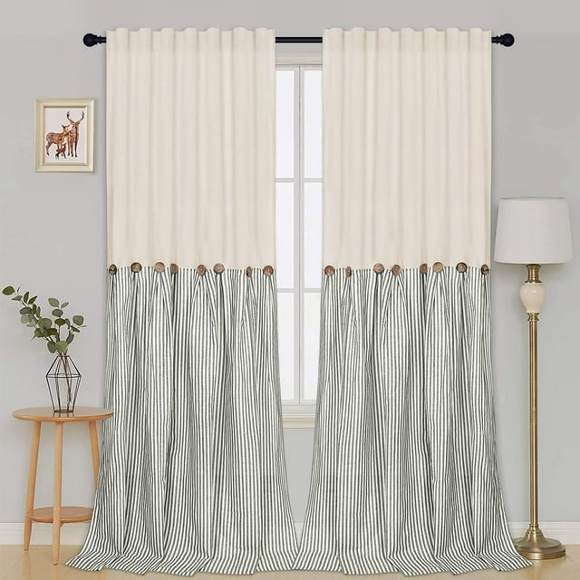 Alishomtll Farmhouse Curtains Sage Green Stripe Cotton Linen Button Boho Rustic Rod Pocket Back ...