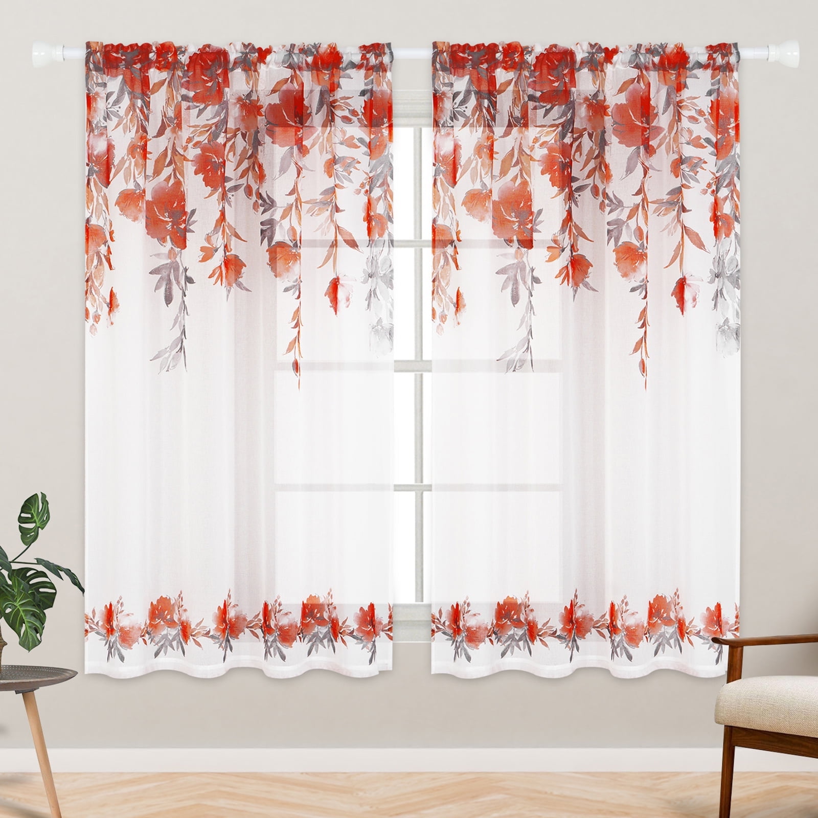 Alishomtll Floral Sheer Curtains 63 Inch Long Rod Pocket Red Flower ...