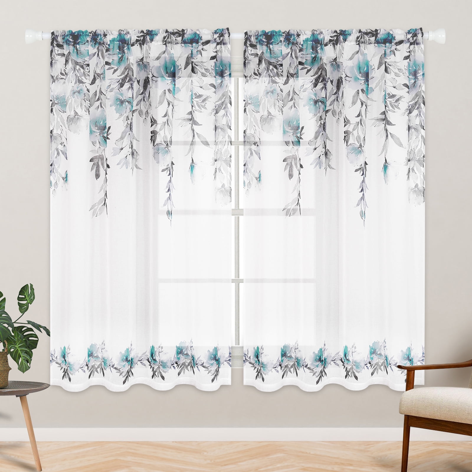 Alishomtll Floral Sheer Curtains 63 Inch Long Rod Pocket Teal Flower ...