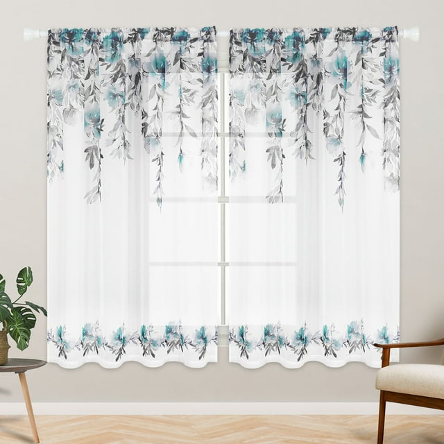 Alishomtll Floral Sheer Curtains 63 Inch Long Rod Pocket Teal Flower ...