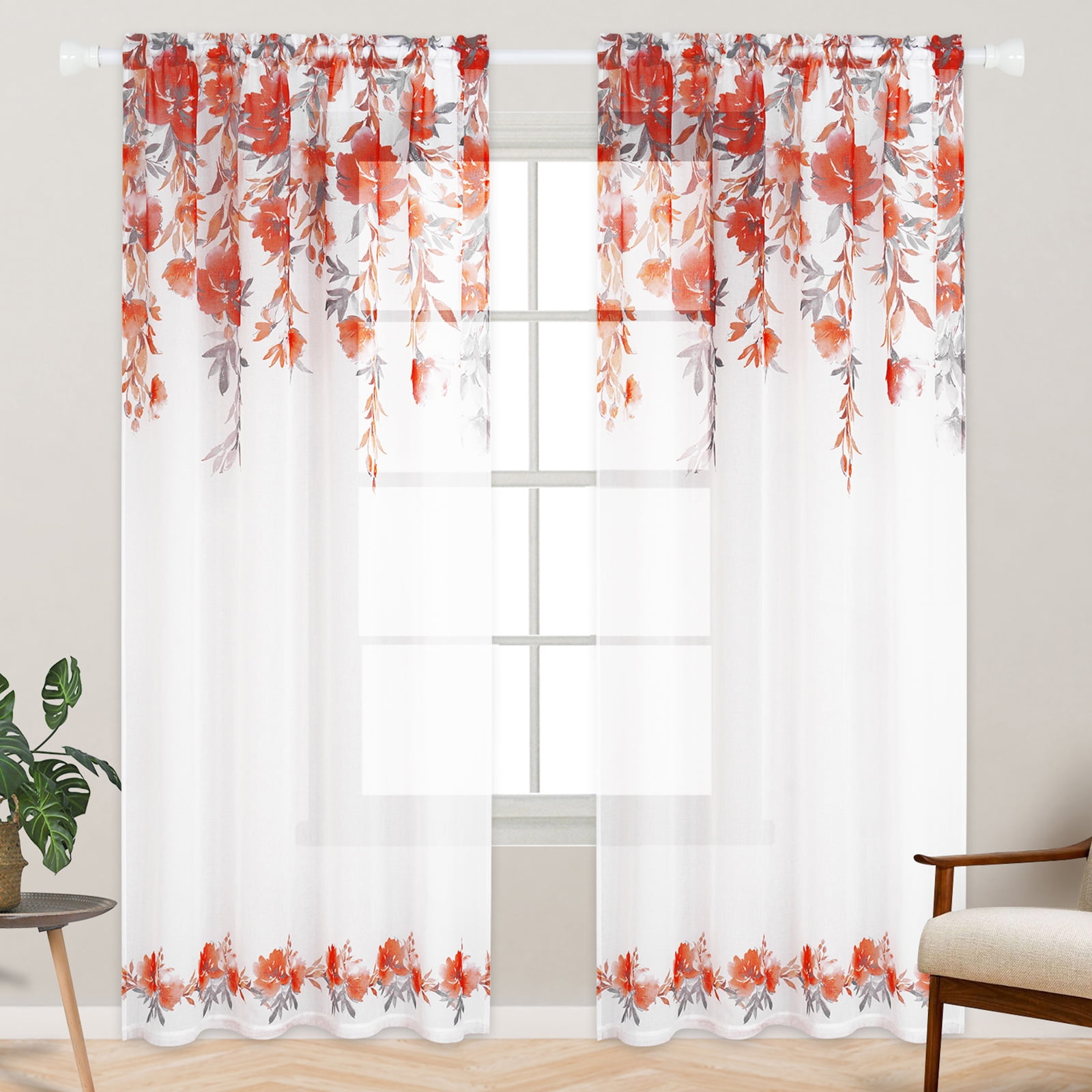 Alishomtll Floral Sheer Curtains 84 Inches Long Rod Pocket Red Flower ...