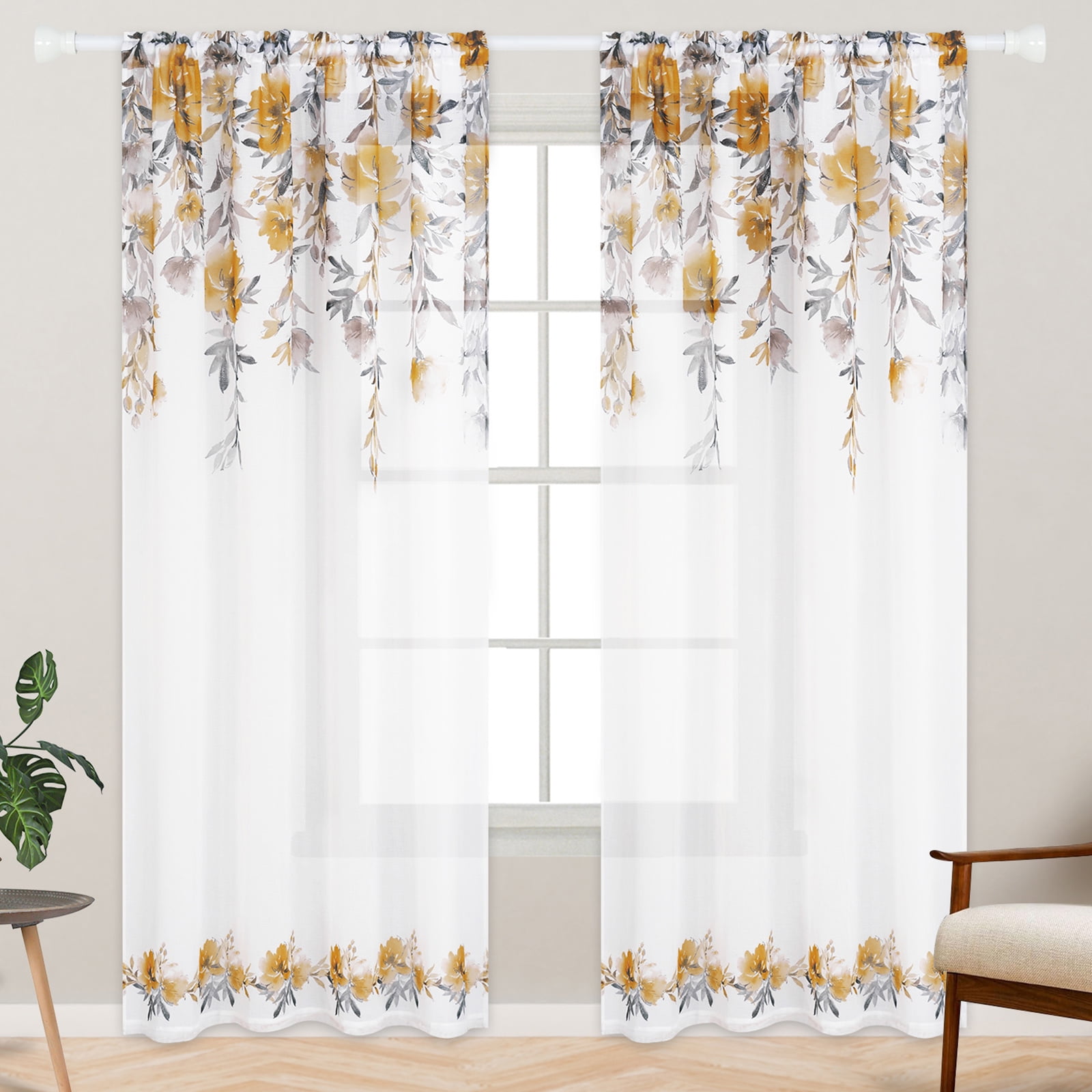 Alishomtll Floral Sheer Curtains 84 Inches Long Rod Pocket Yellow ...
