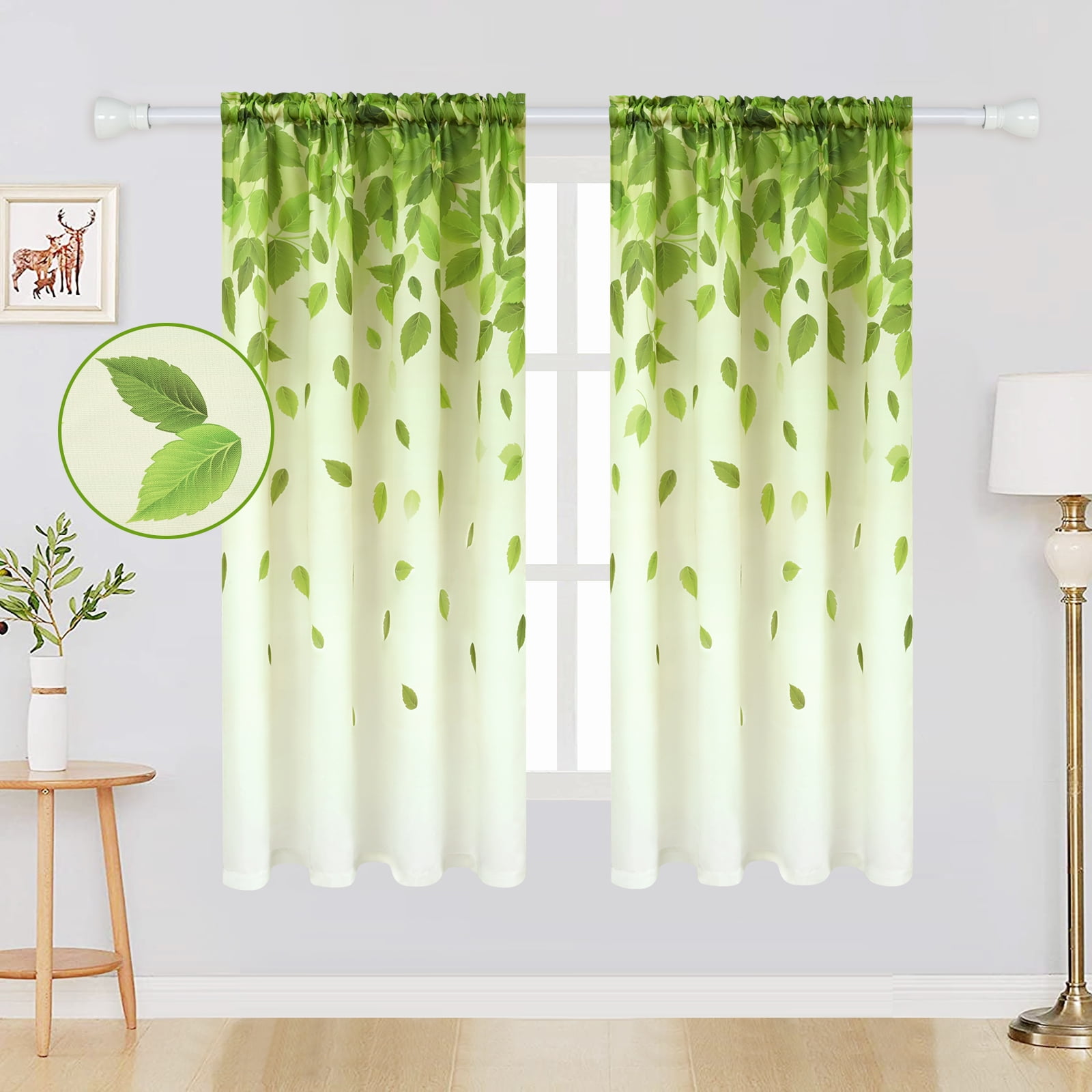 Alishomtll Green Leaf Living Room Curtains Rod Pocket Window Drapes 52 ...