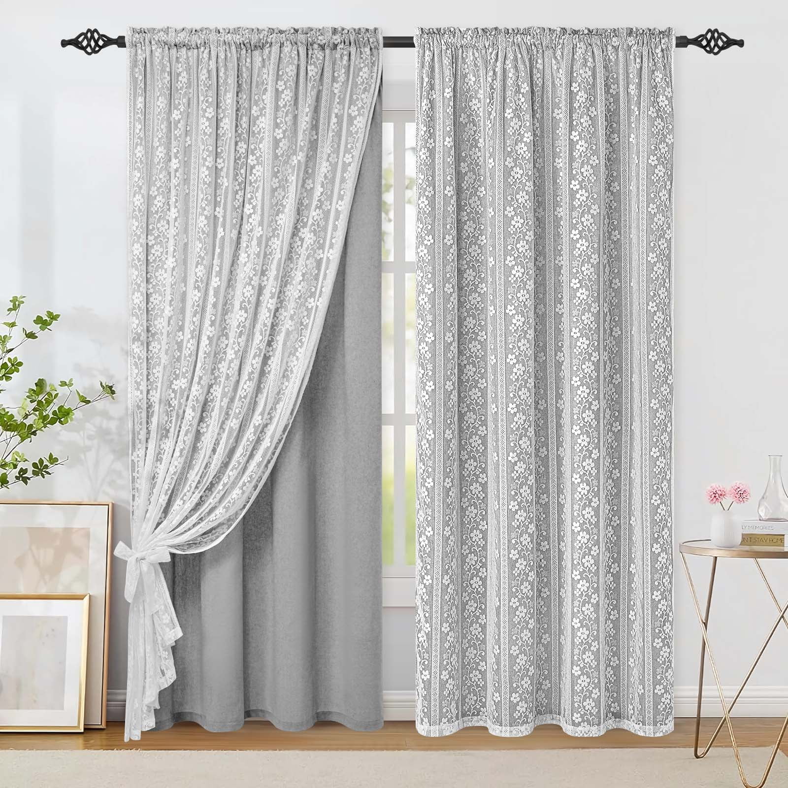 Alishomtll Grey Linen Curtains with Lace Sheer 63 Inches Long, Double ...