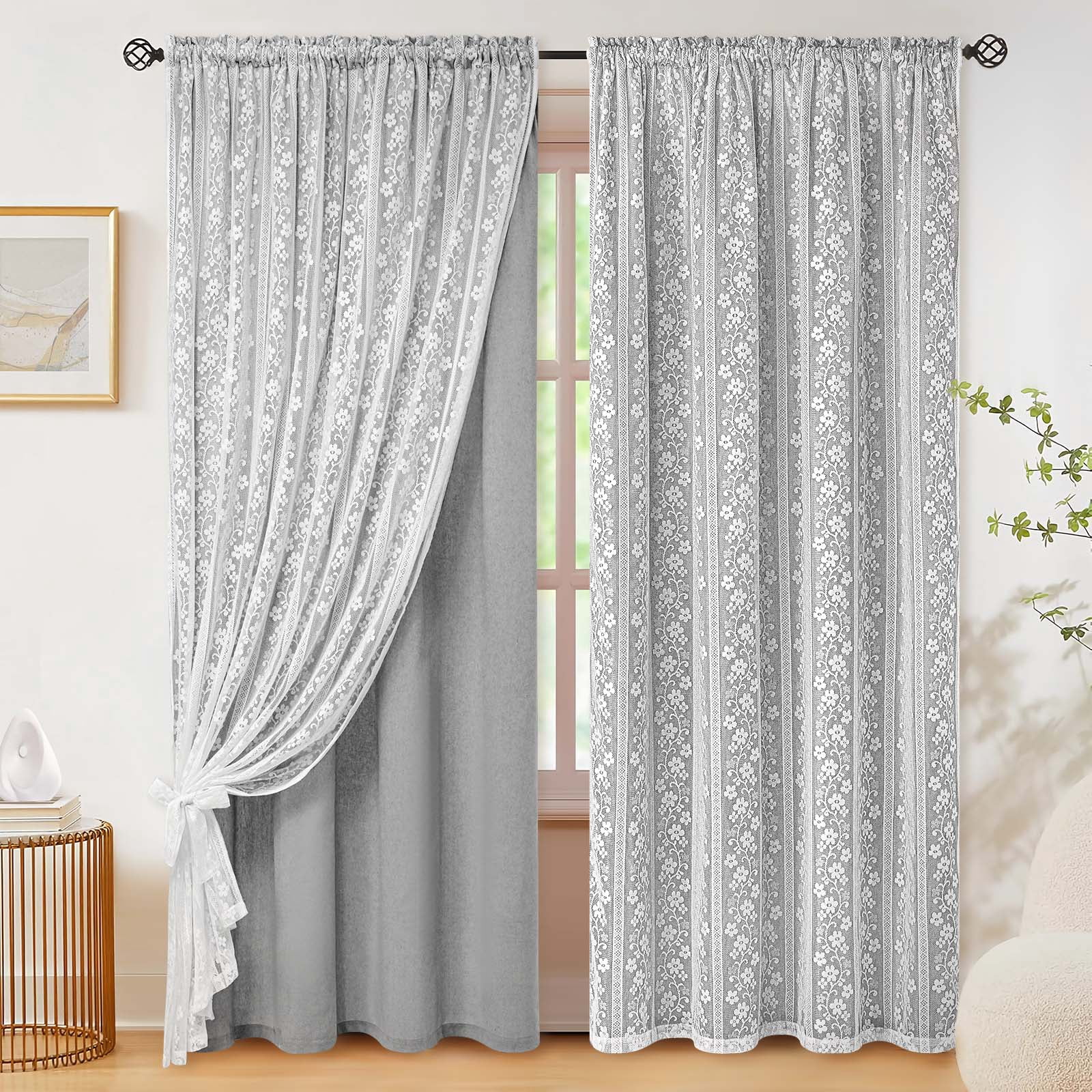 Alishomtll Grey Linen Curtains with Lace Sheer 84 Inches Long, Double ...