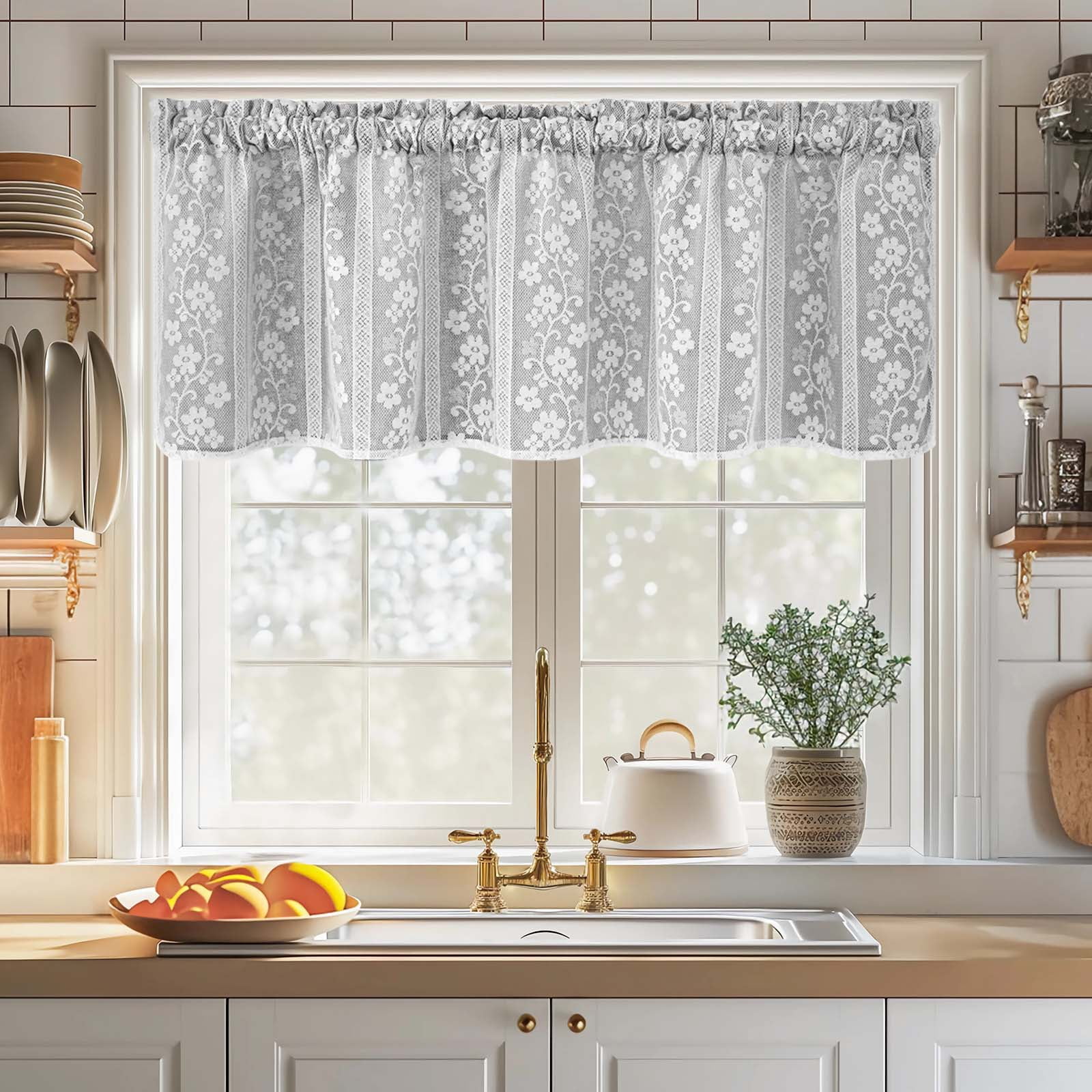 Alishomtll Grey Linen Lace Sheer Double Layer Light Filtering Valance ...