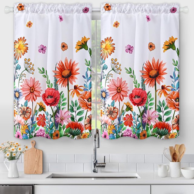 Alishomtll Kitchen Curtains Blossom Floral Print Window Curtain Tier ...