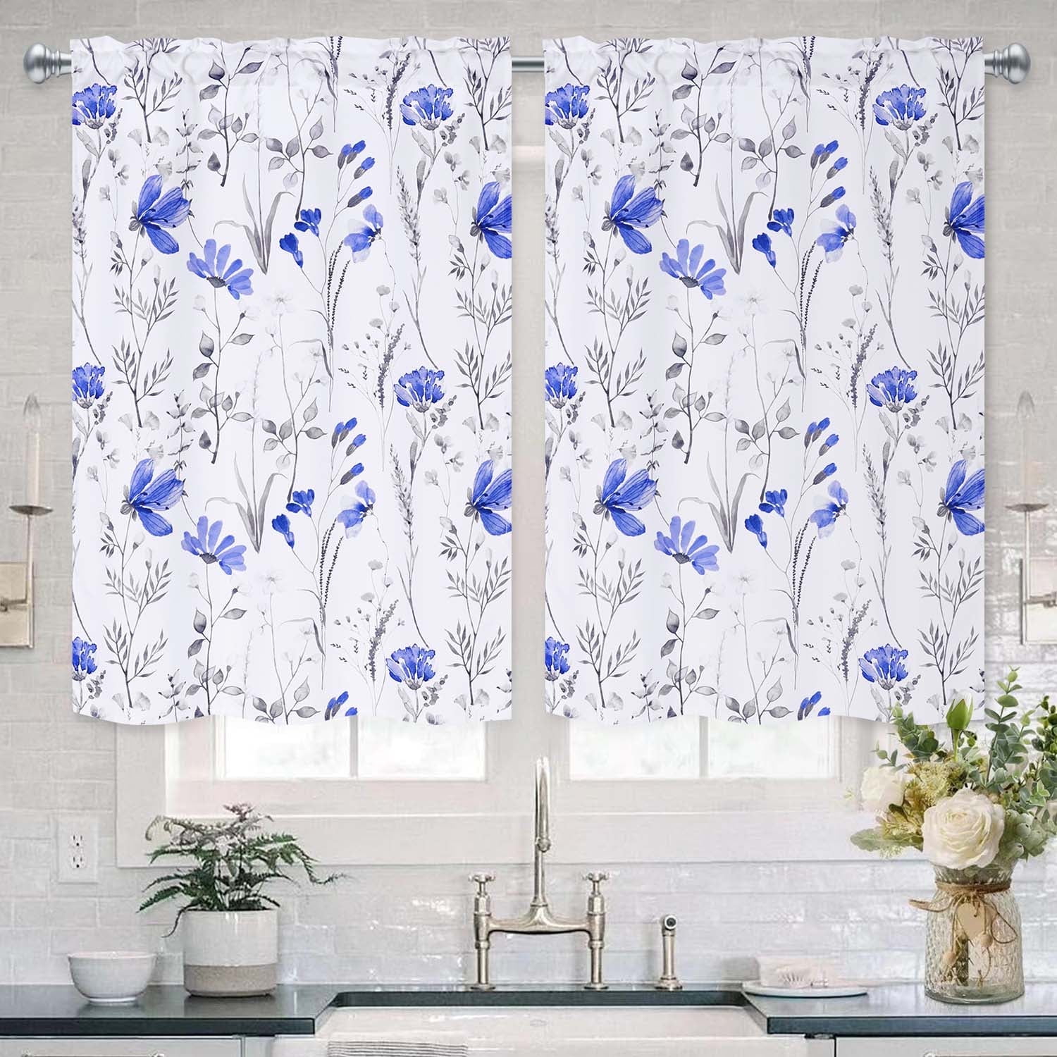 Alishomtll Kitchen Curtains Blue Floral Light Filtering Small Window ...