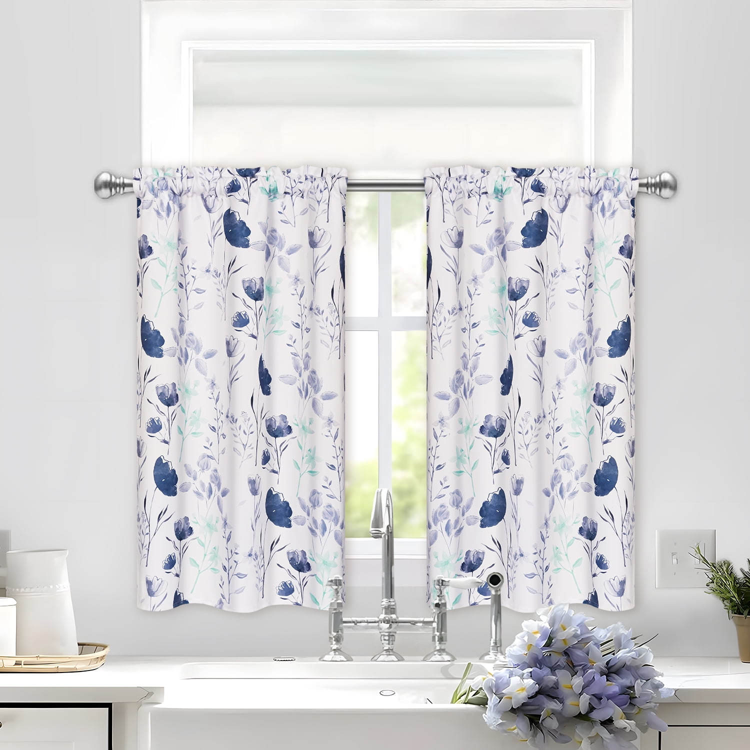 Alishomtll Kitchen Curtains Floral Print Tier Curtains Sets Light ...