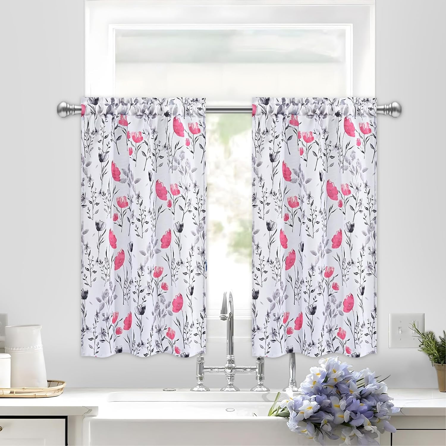 Alishomtll Kitchen Curtains Floral Print Tier Curtains Sets Light ...