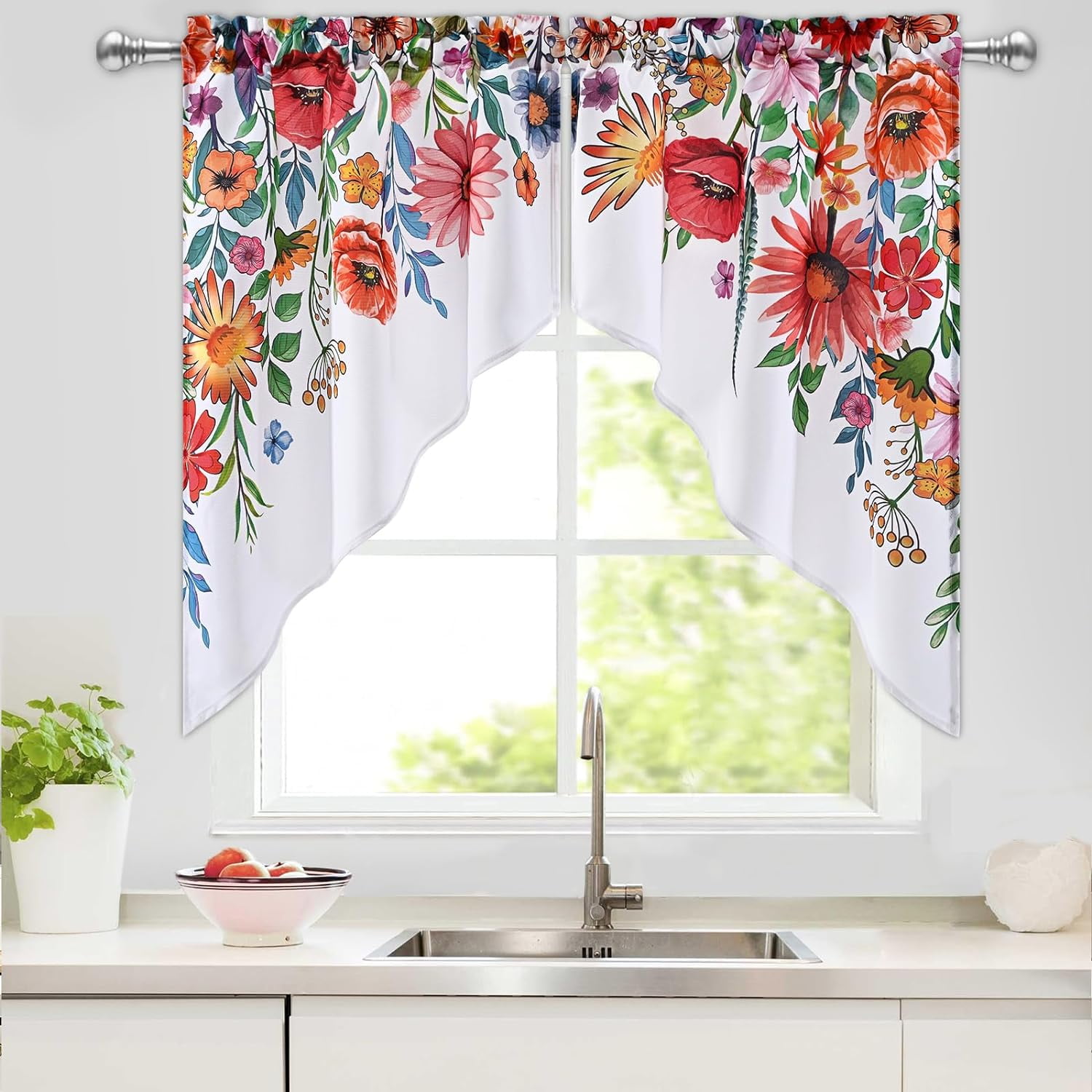 Alishomtll Kitchen Curtains Swags for Windows Blossom Floral Printed ...
