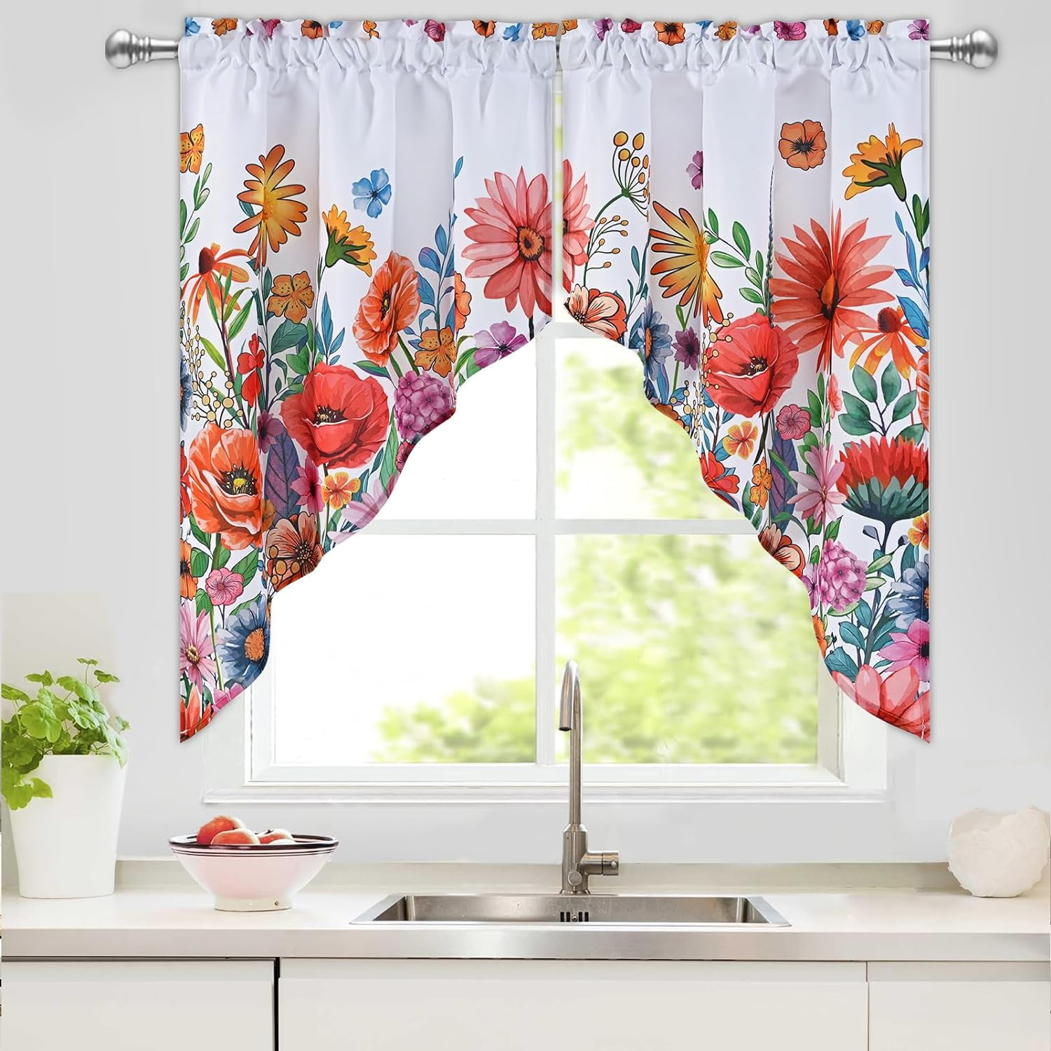 Alishomtll Kitchen Curtains Swags for Windows Blossom Floral Printed ...