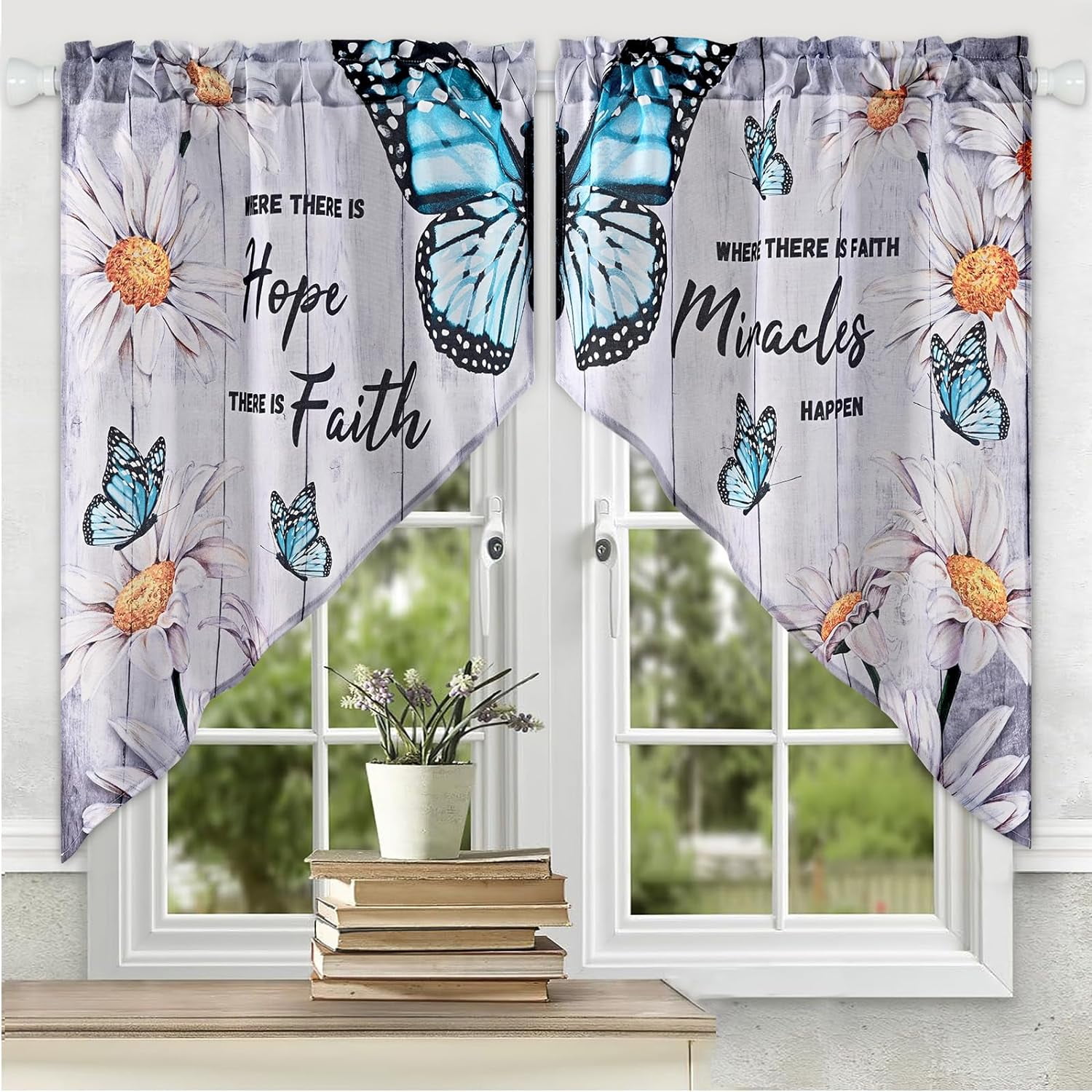 Alishomtll Kitchen Curtains Swags for Windows Butterfly Floral Printed ...