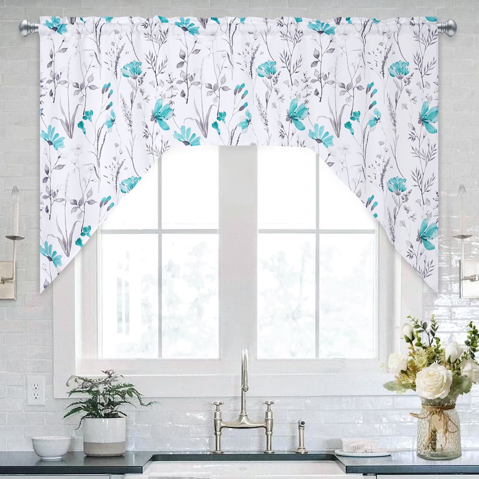 Alishomtll Kitchen Curtains Teal Floral Valance Swag Curtains ...