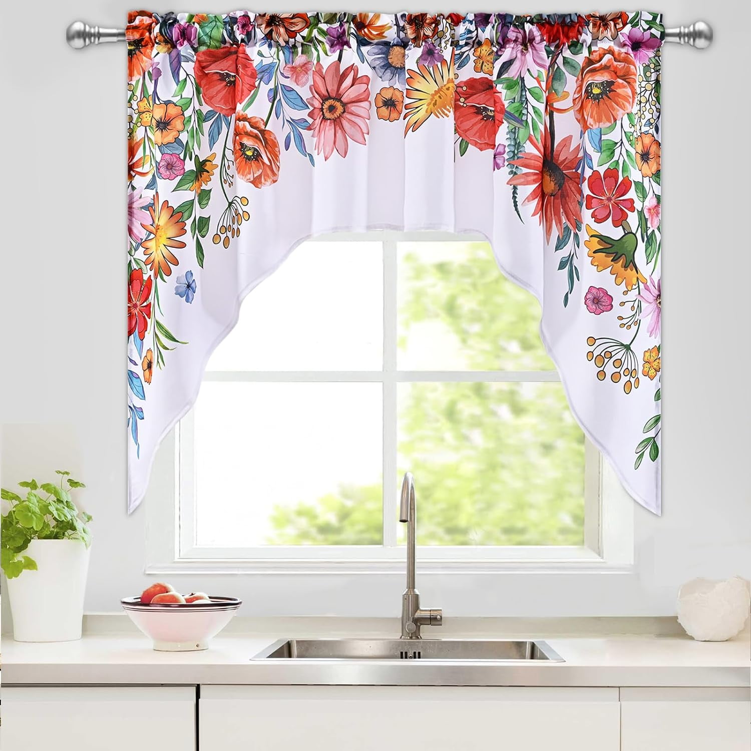 Alishomtll Kitchen Curtains Valances Swags for Windows Blossom Floral ...